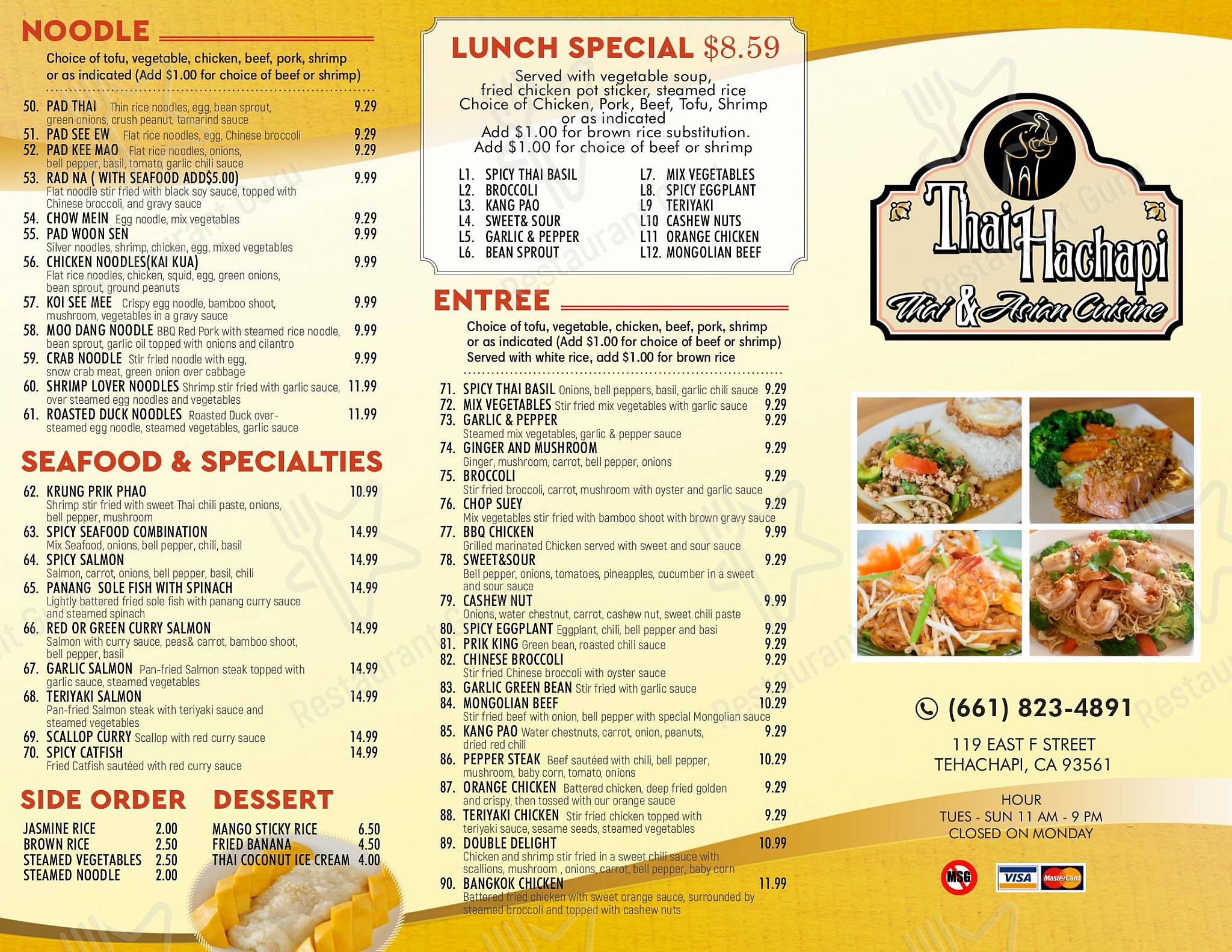 Menu at Thai Hachapi restaurant, Tehachapi