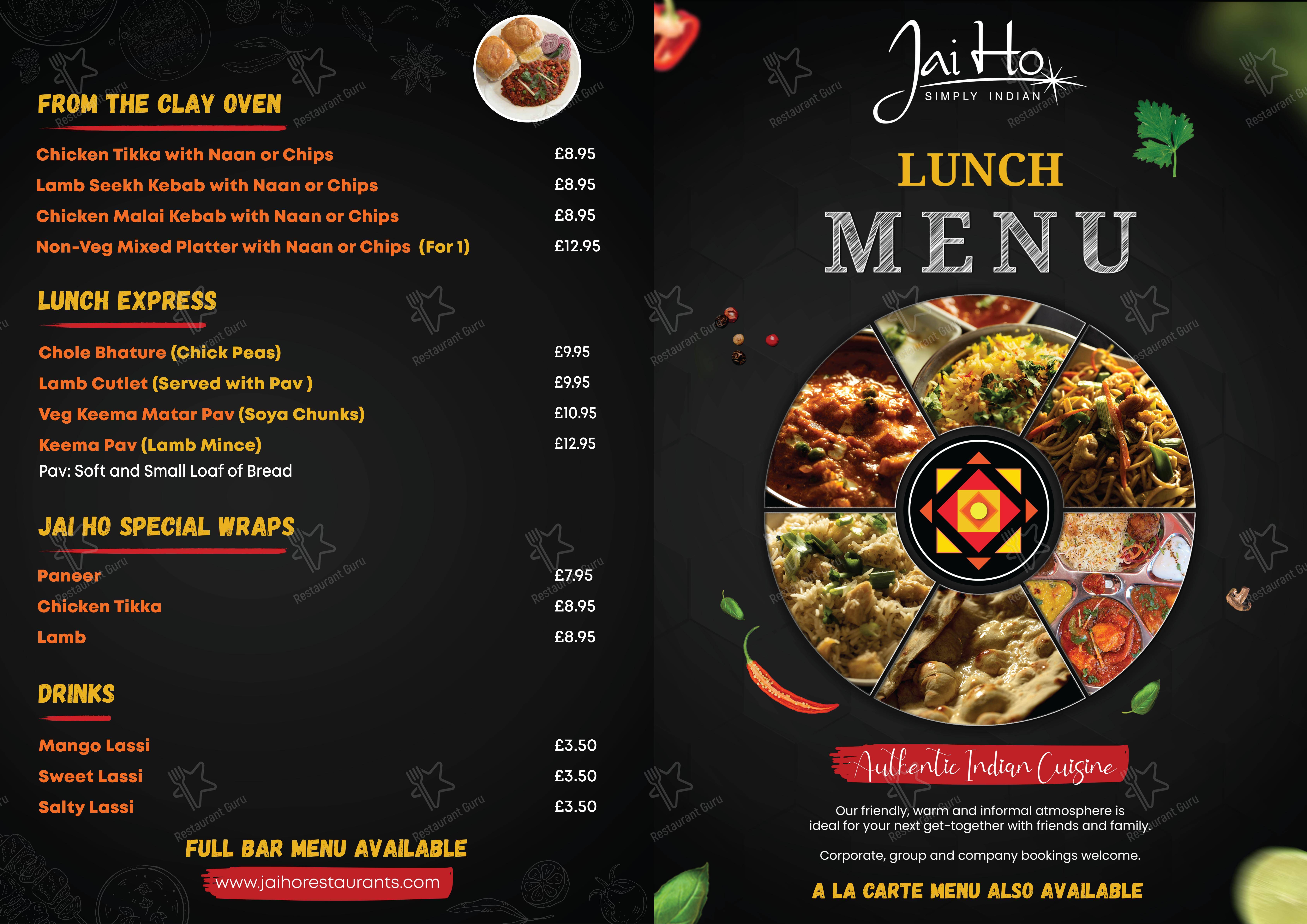Menu at Jai Ho at the Coppingham Arms restaurant, Horley