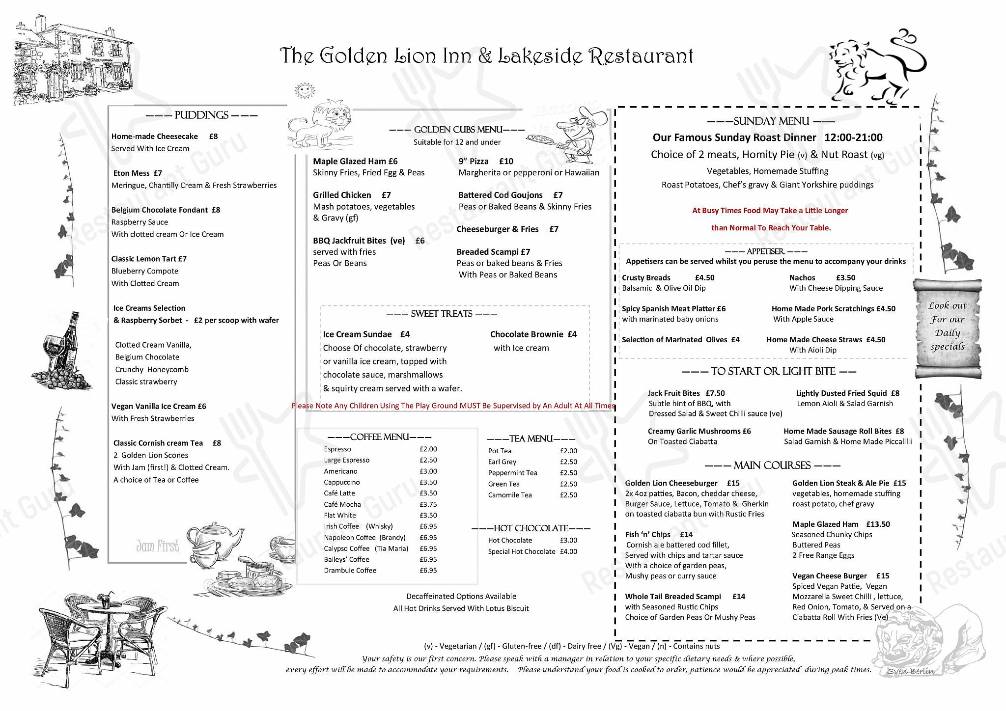 Menu at The Golden Lion Inn pub & bar, Redruth