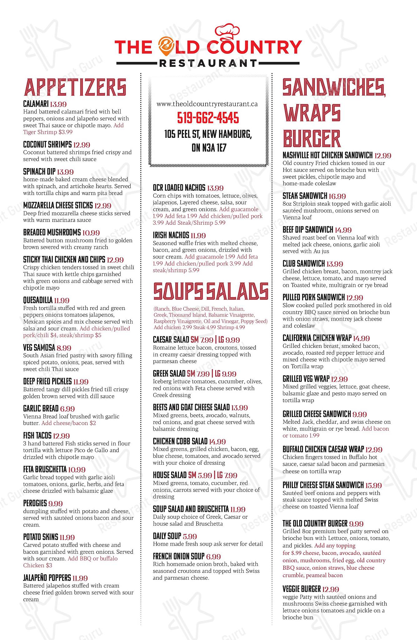 Menu at The Old Country Restaurant, New Hamburg