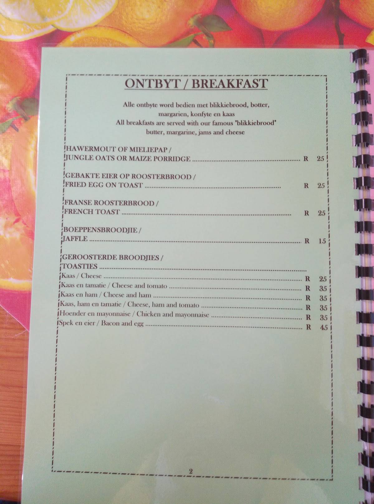Menu at Hokaai Boerekos restaurant, South Africa
