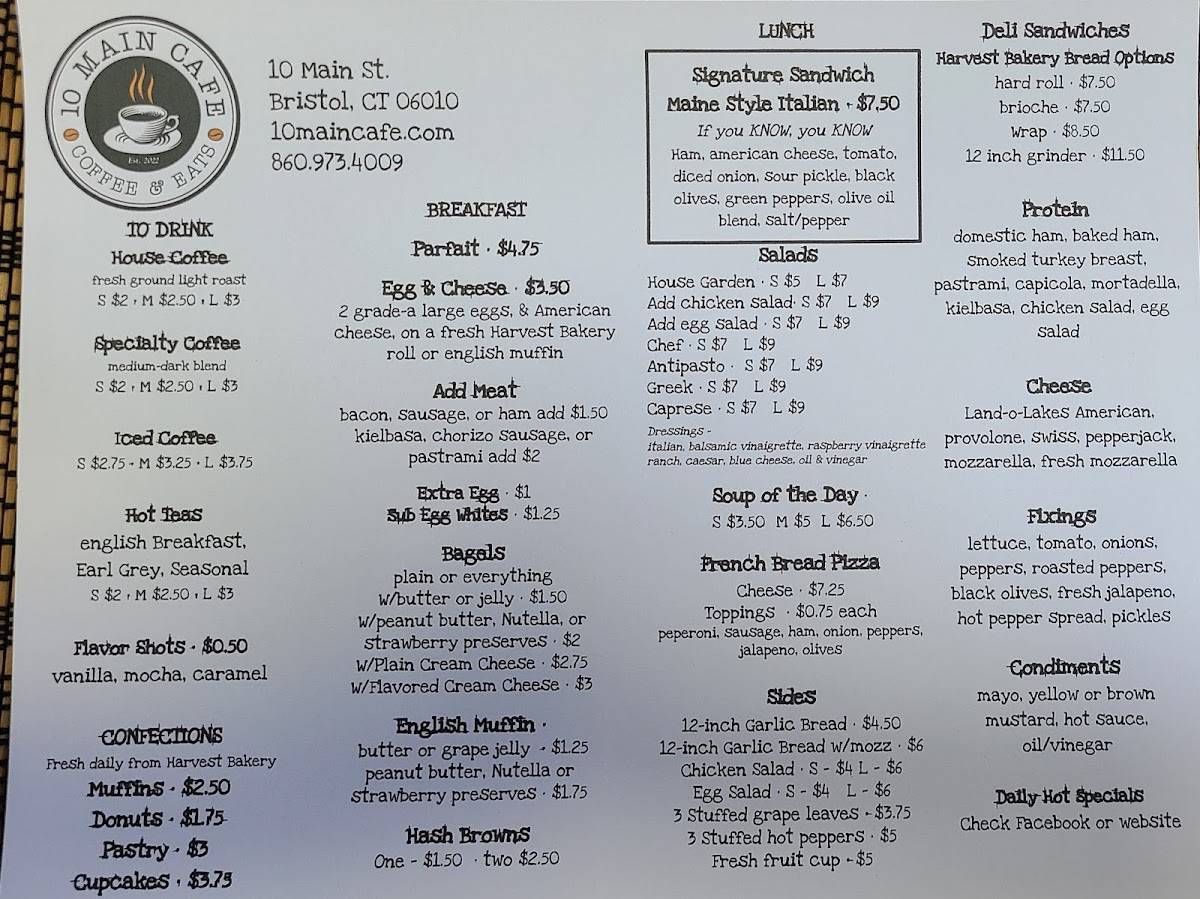 Menu at 10 Main Cafe & Deli, Bristol
