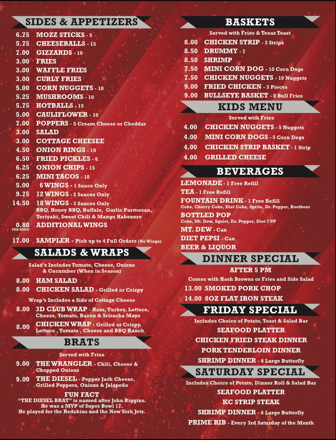 Menu at 3D Bar and Grill, Wilcox