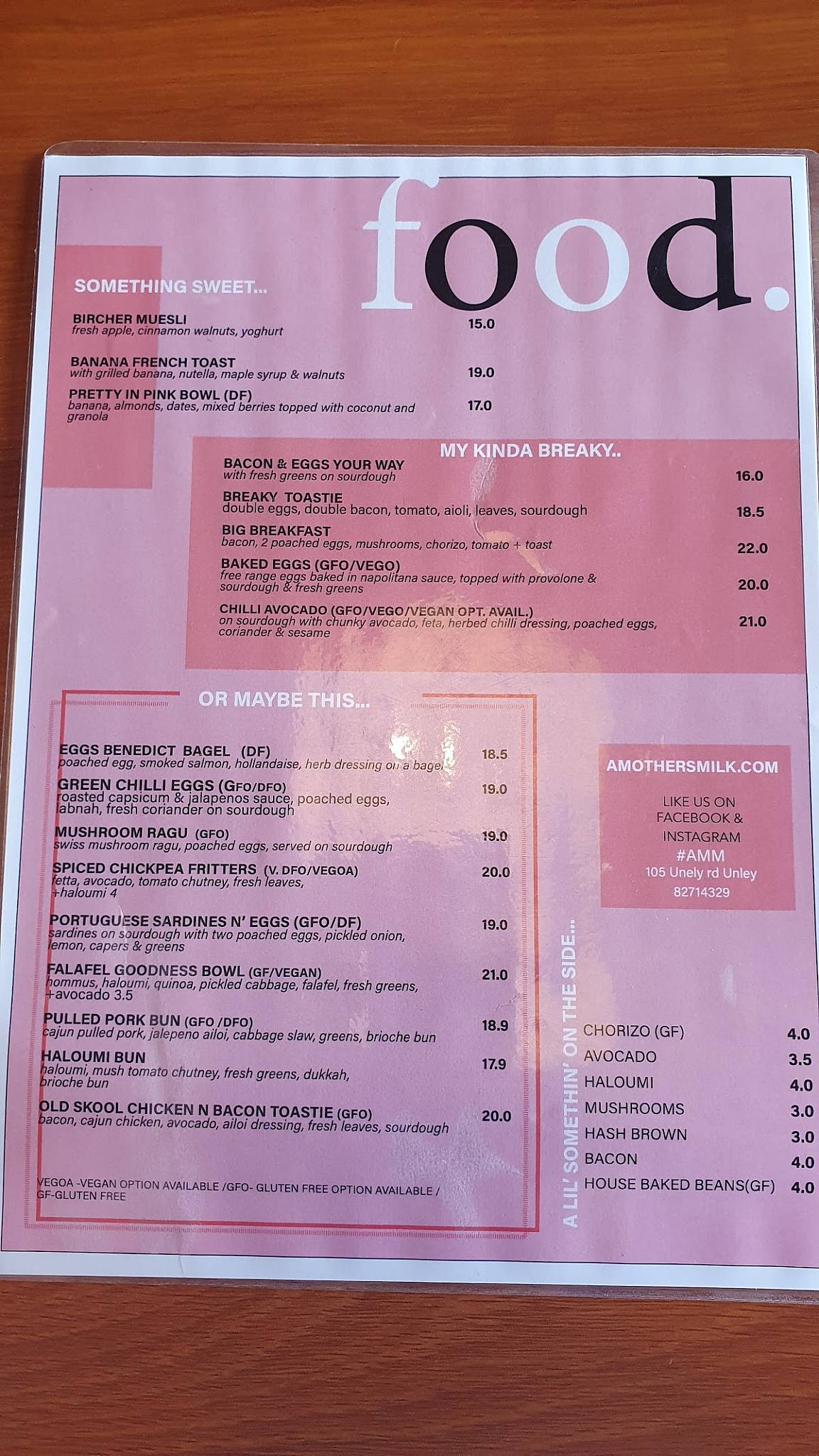 Menu at A Mother's Milk Unley restaurant, Unley, 105 Unley Rd