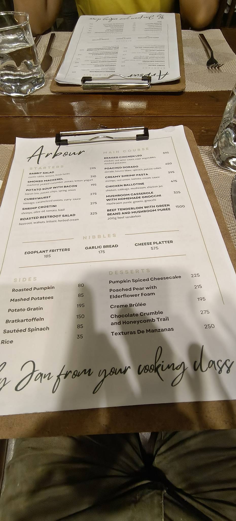 Menu at ARBOUR by Jan from your cooking class restaurant, Dumaguete