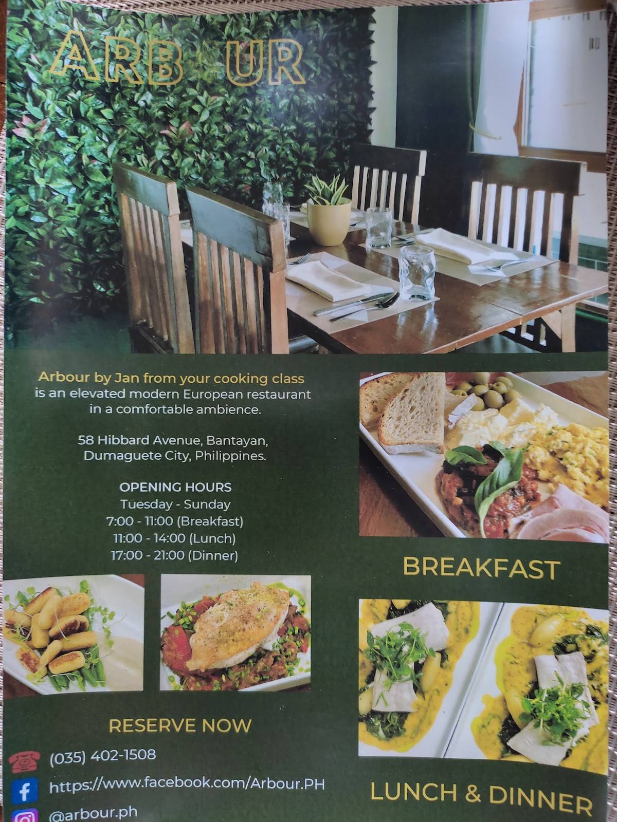 Menu at ARBOUR by Jan from your cooking class restaurant, Dumaguete