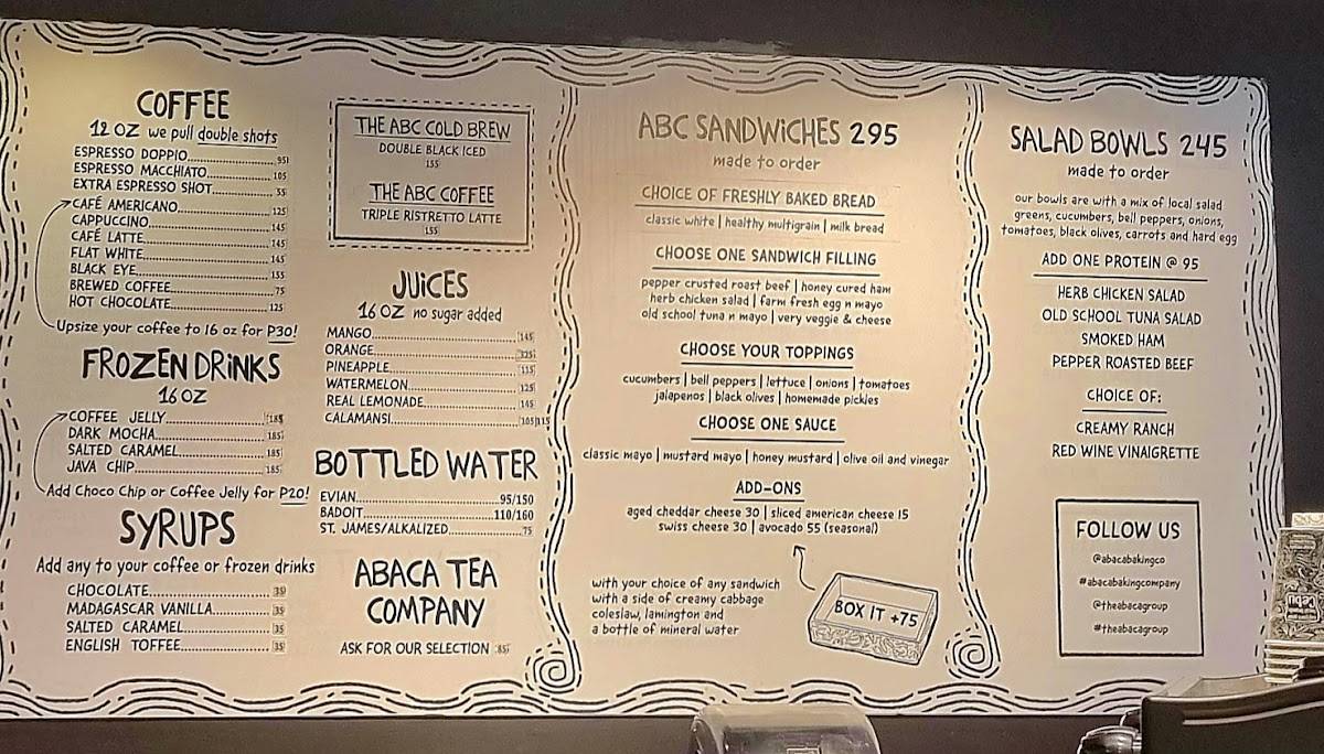 Carta del café Abaca Baking Company, Cebú, The Terraces
