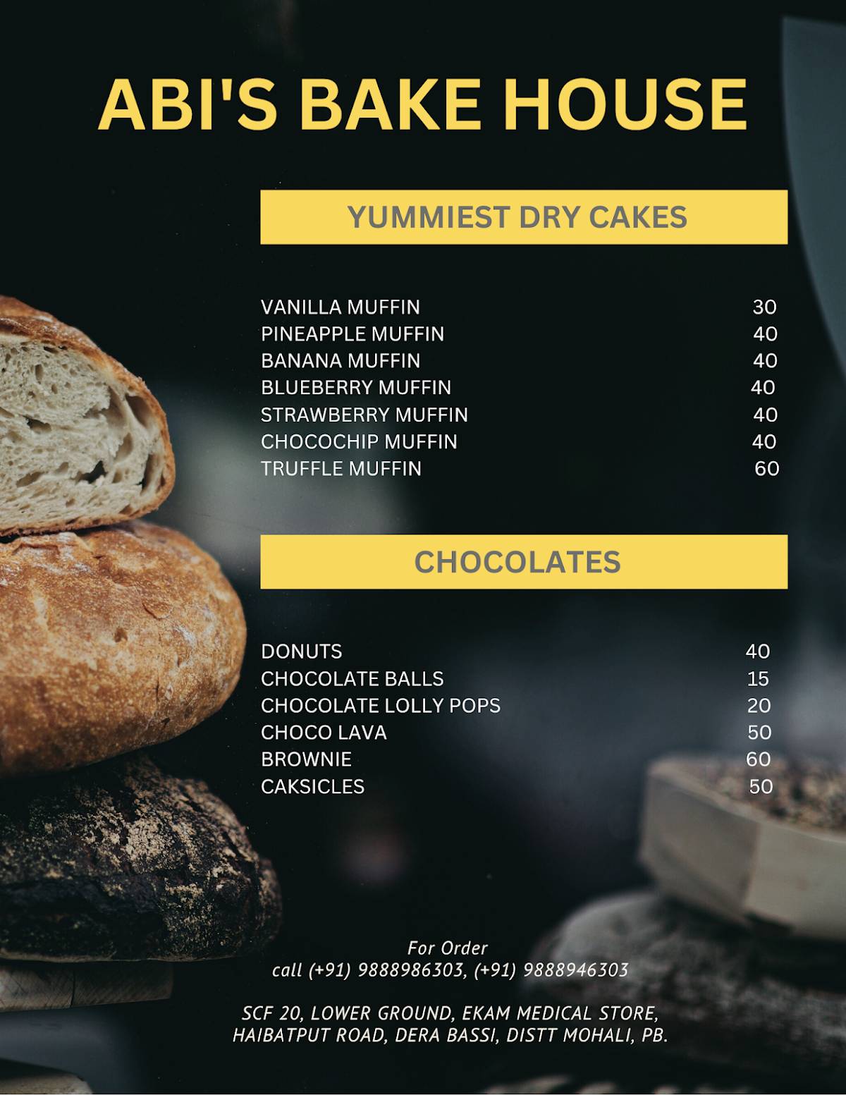 Menu at Abi's Bake House, Dera Bassi