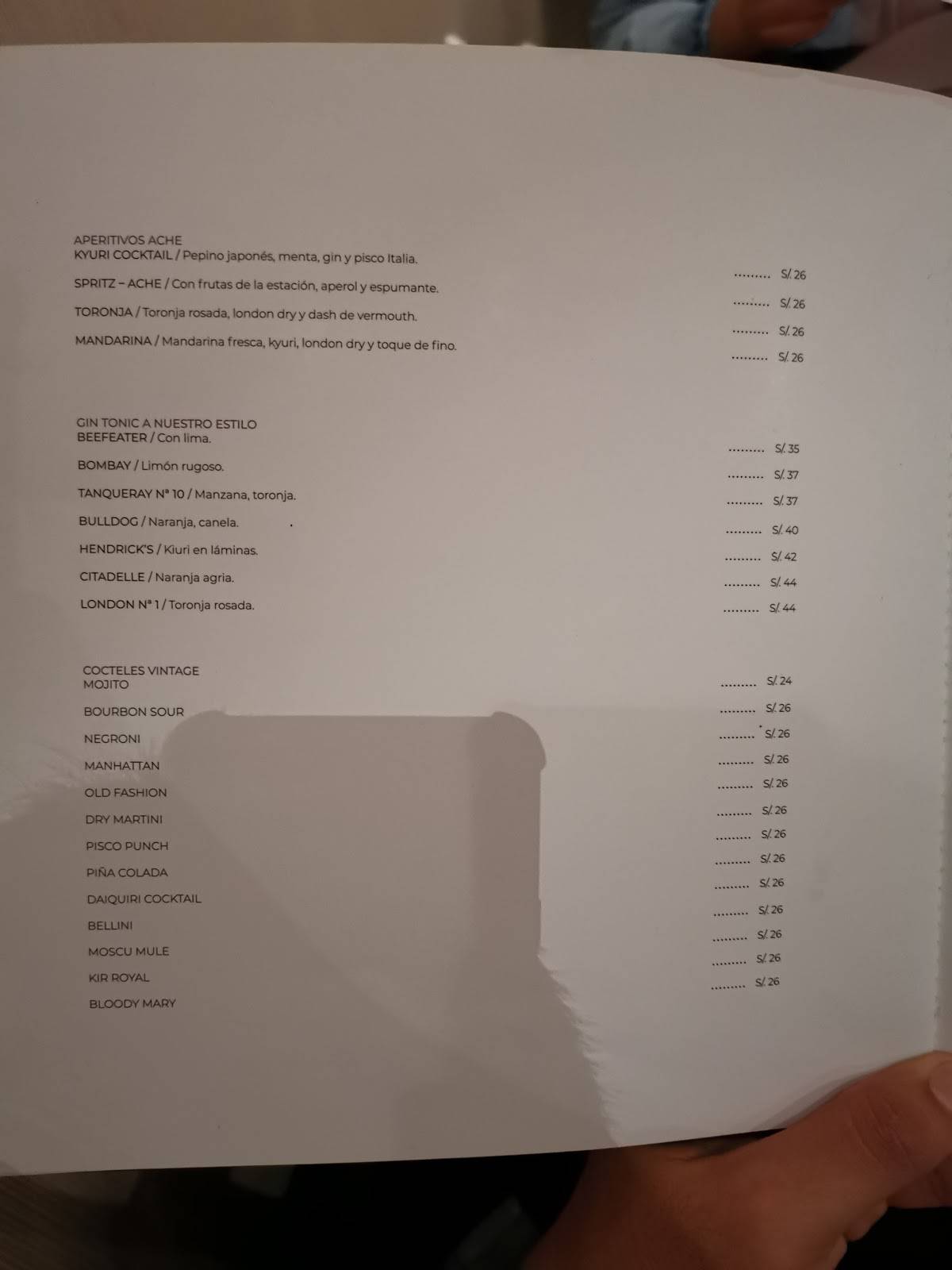 Carta del restaurante Ache, Miraflores