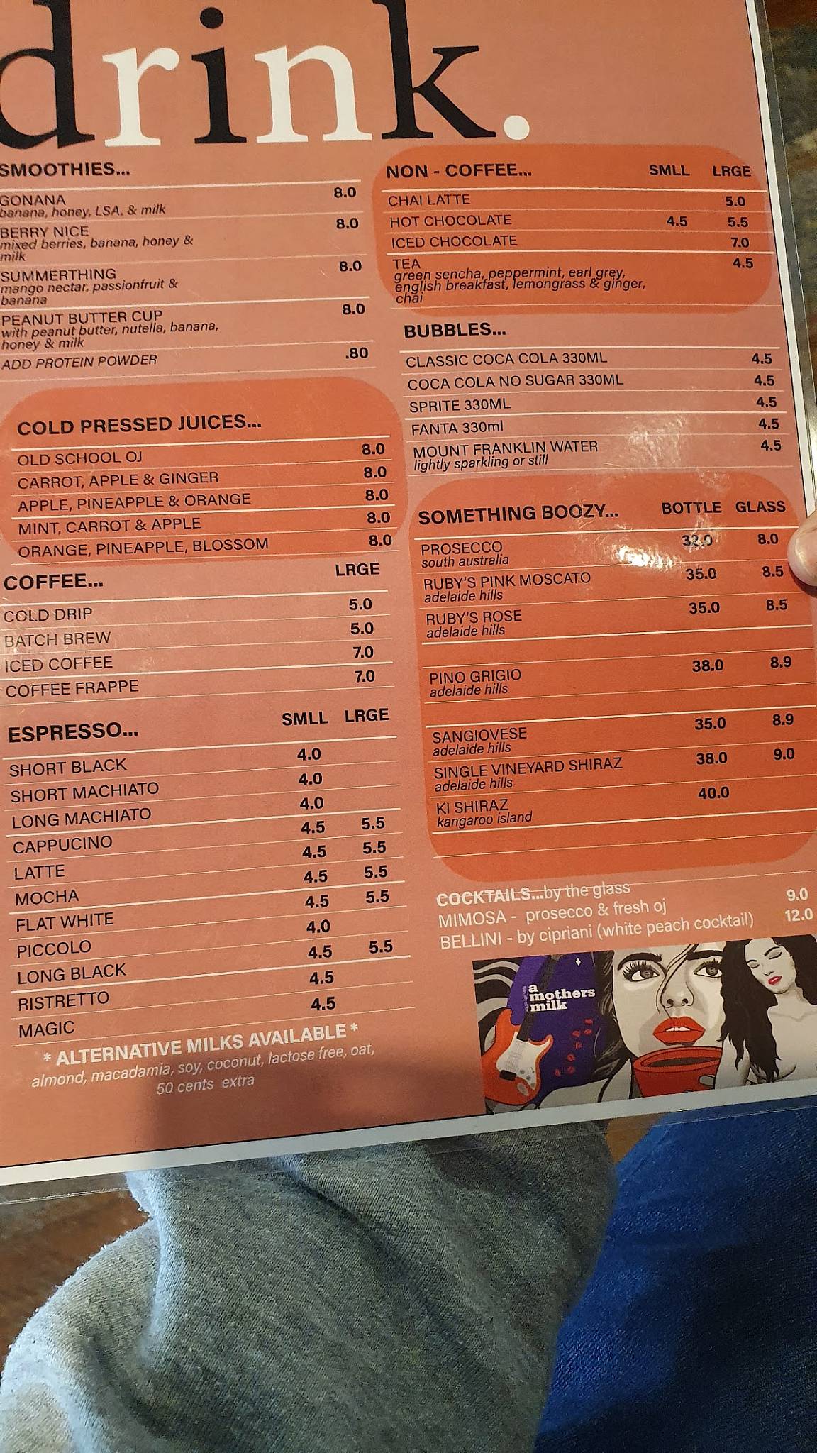 Menu at A Mother's Milk Unley restaurant, Unley, 105 Unley Rd