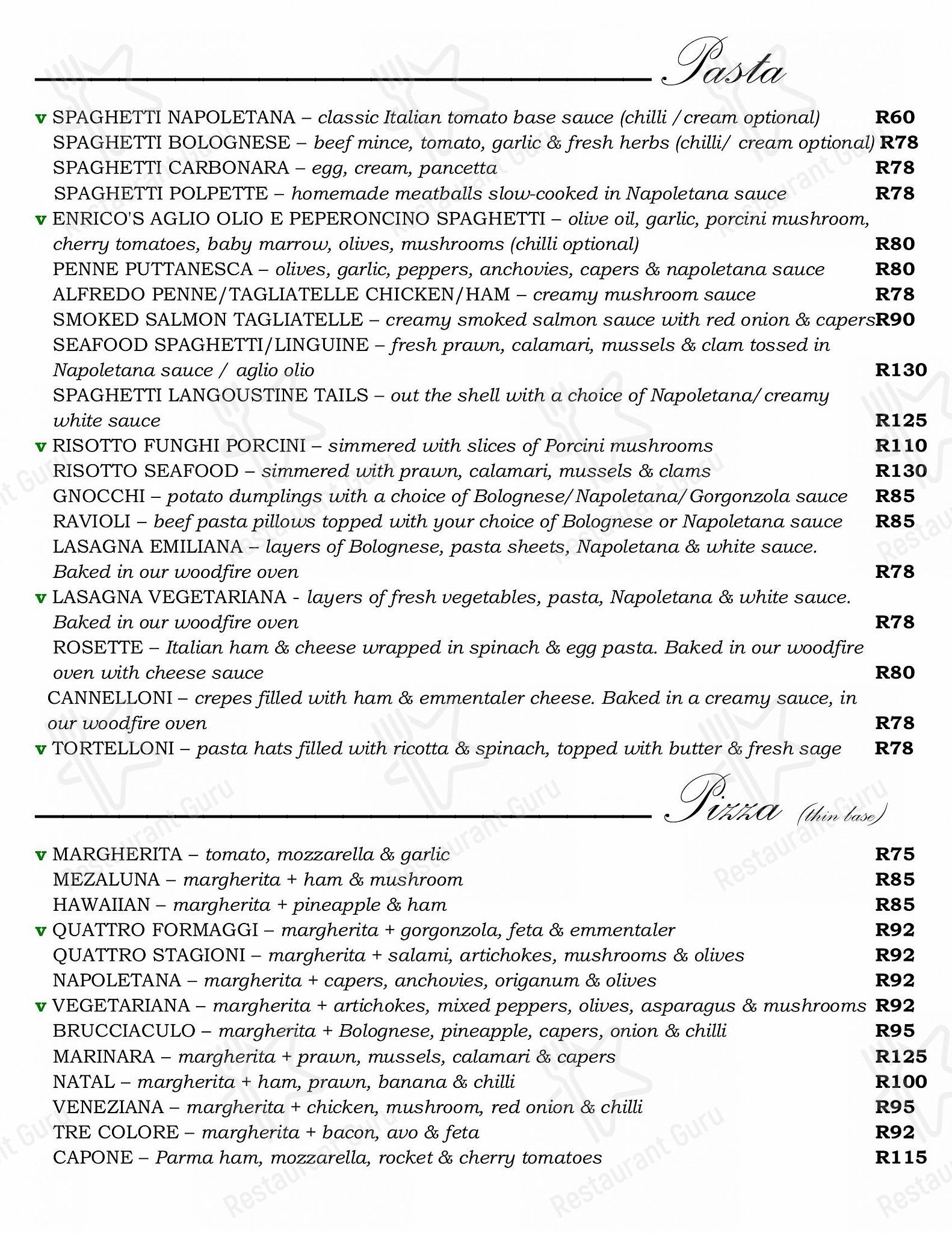 Menu at Al Firenze restaurant, Umhlanga