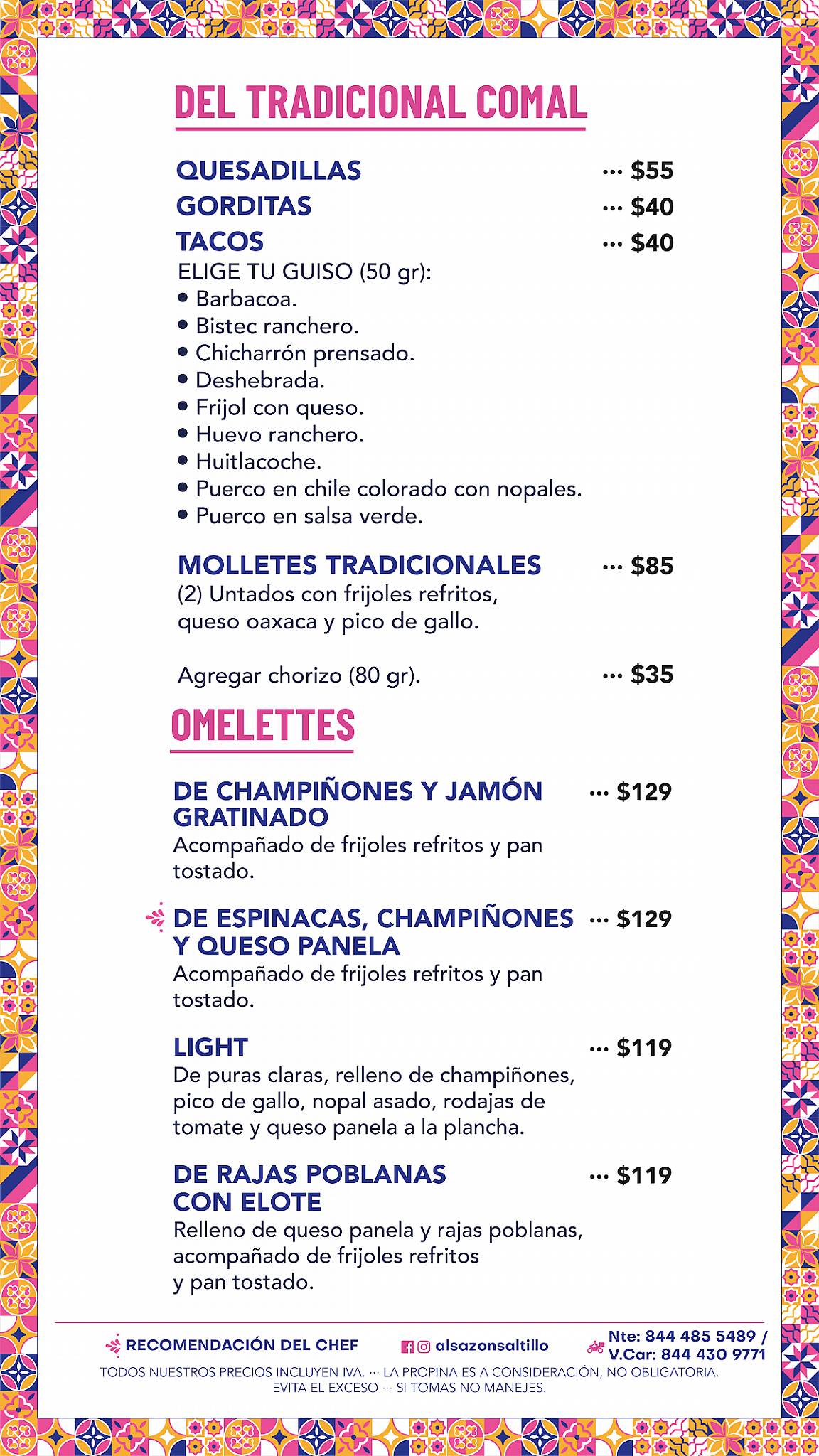 Menu at Al Sazón Mexicano Moctezuma restaurant, Saltillo
