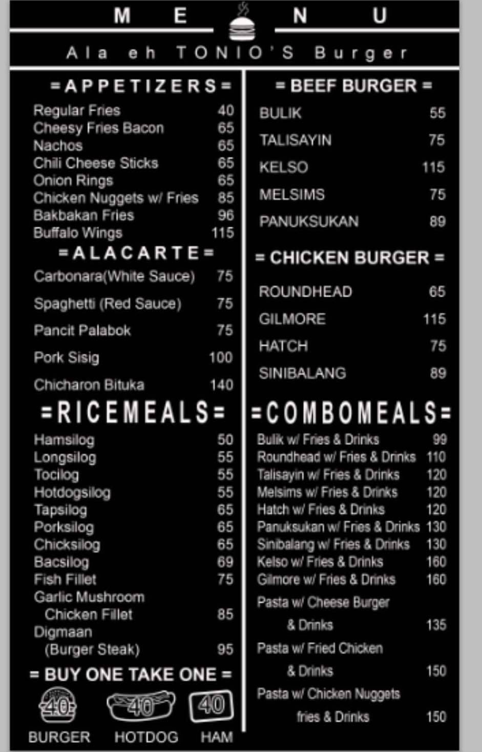Carta del restaurante Ala Eh Tonio's Burger, Sta Cruz Laguna Branch ...