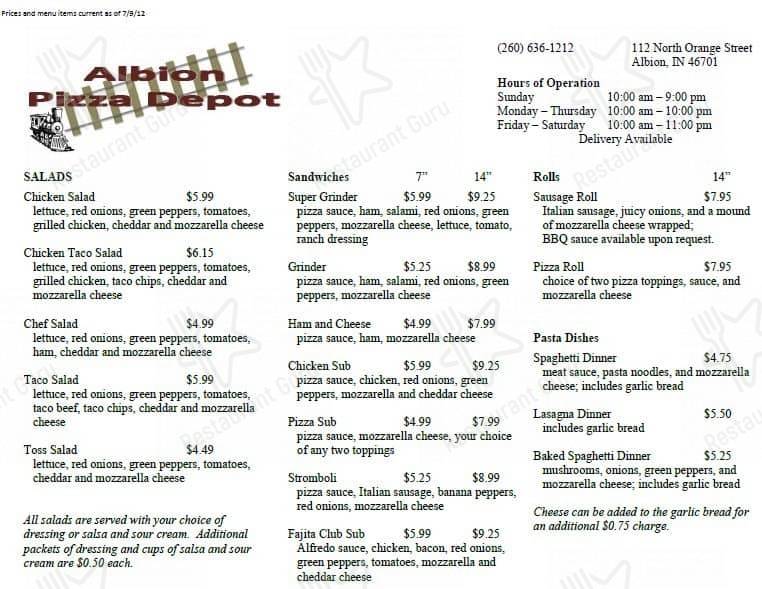 Menu at Albion Pizza Depot pizzeria, Albion