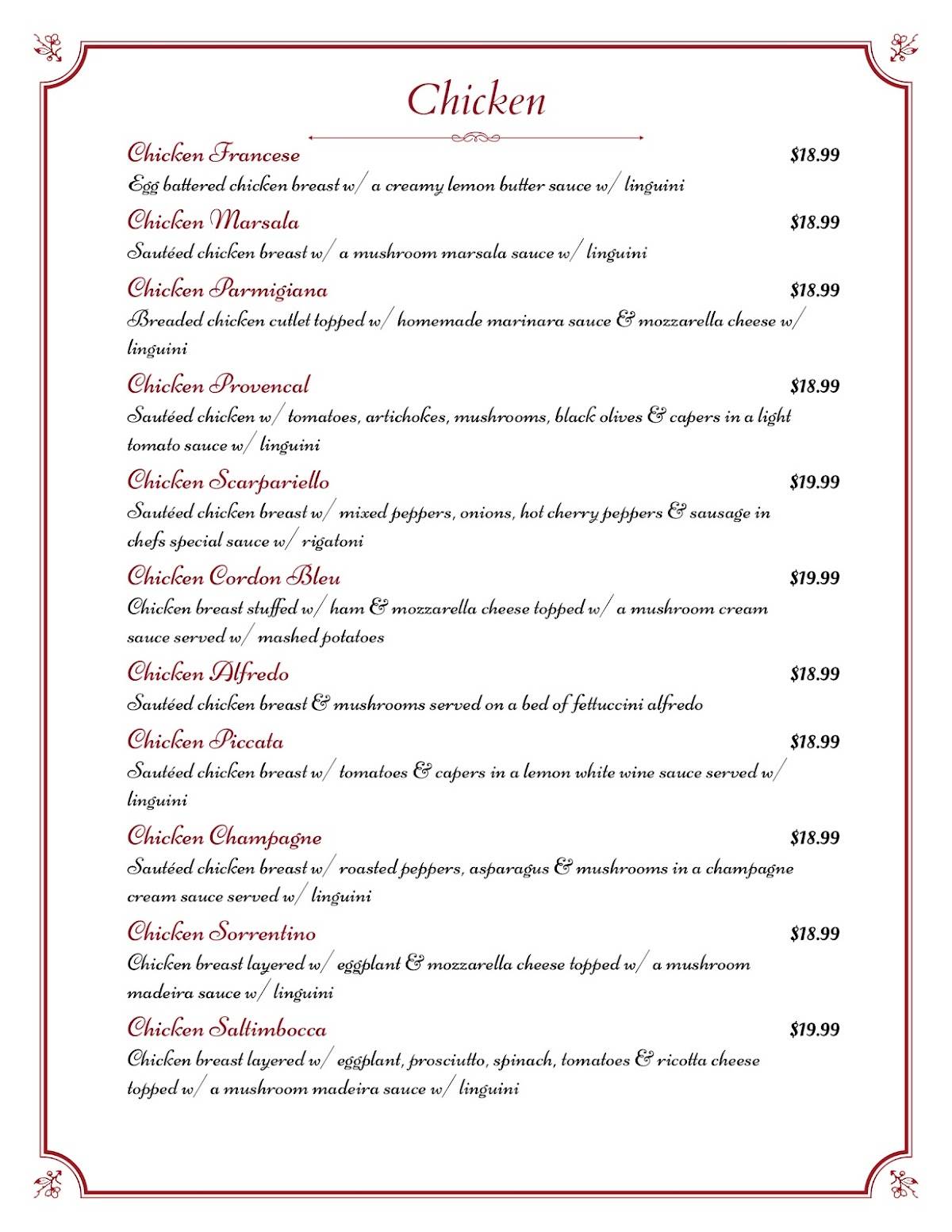 Menu at Alfredo’s Restaurant, New City
