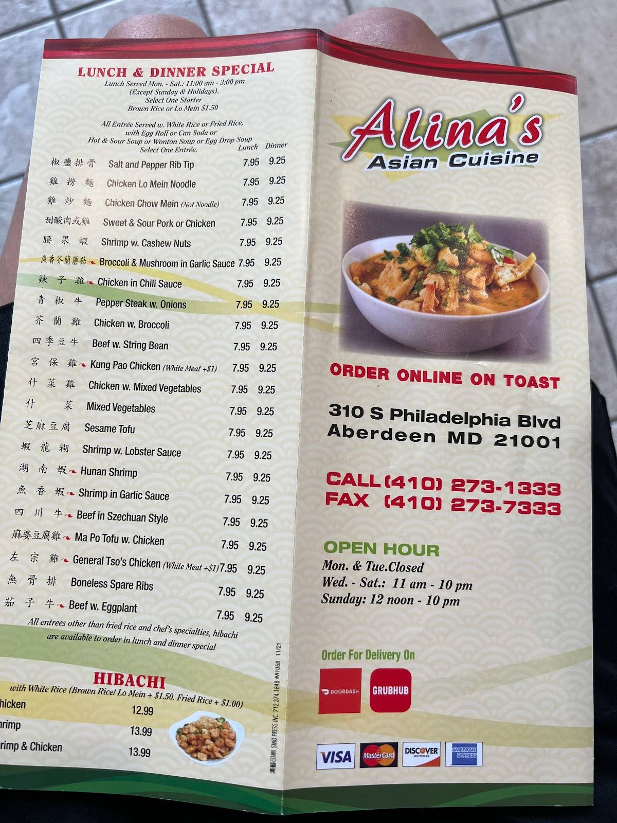Menu at Alina’s Asian Cuisine restaurant, Aberdeen