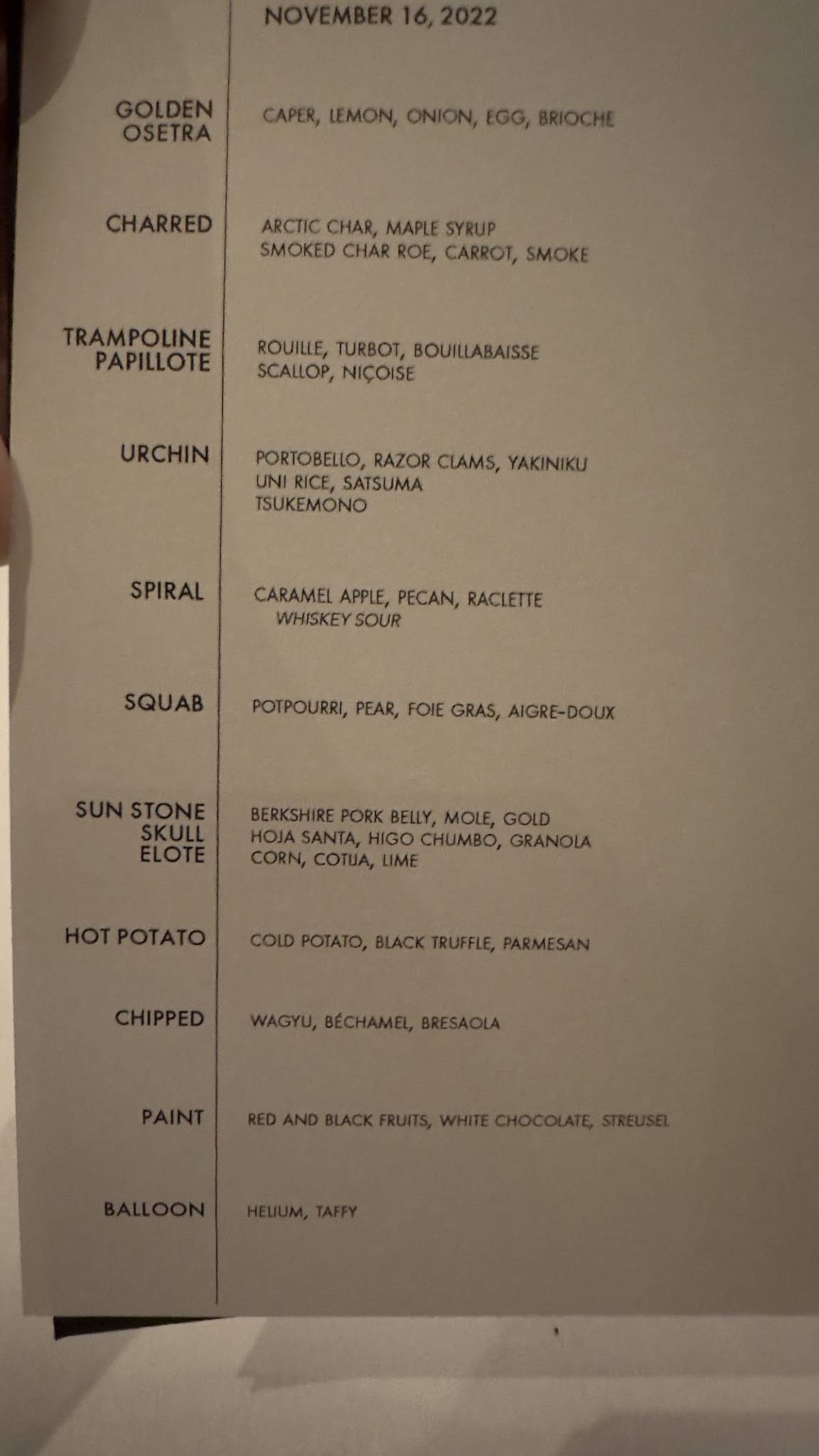 Menu at Alinea restaurant, Chicago, N Halsted St