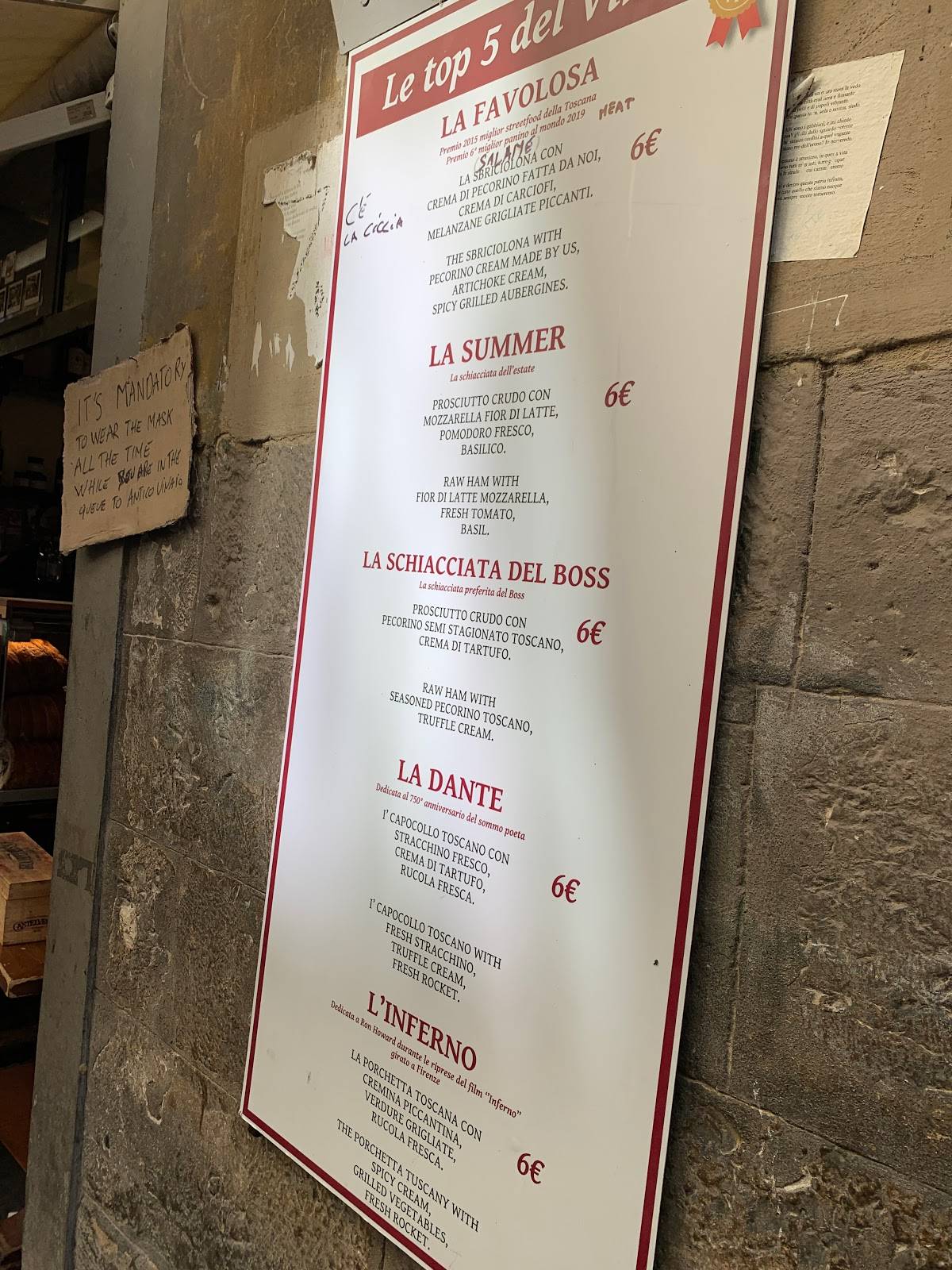 Menu at All’Antico Vinaio cafe, Florence