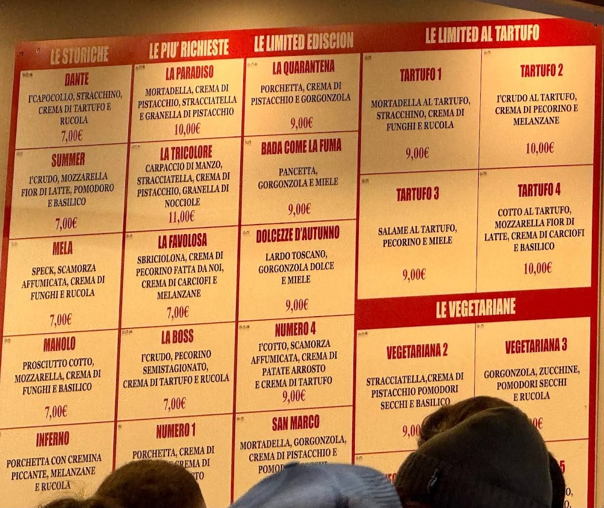 Menu at All’Antico Vinaio cafe, Florence