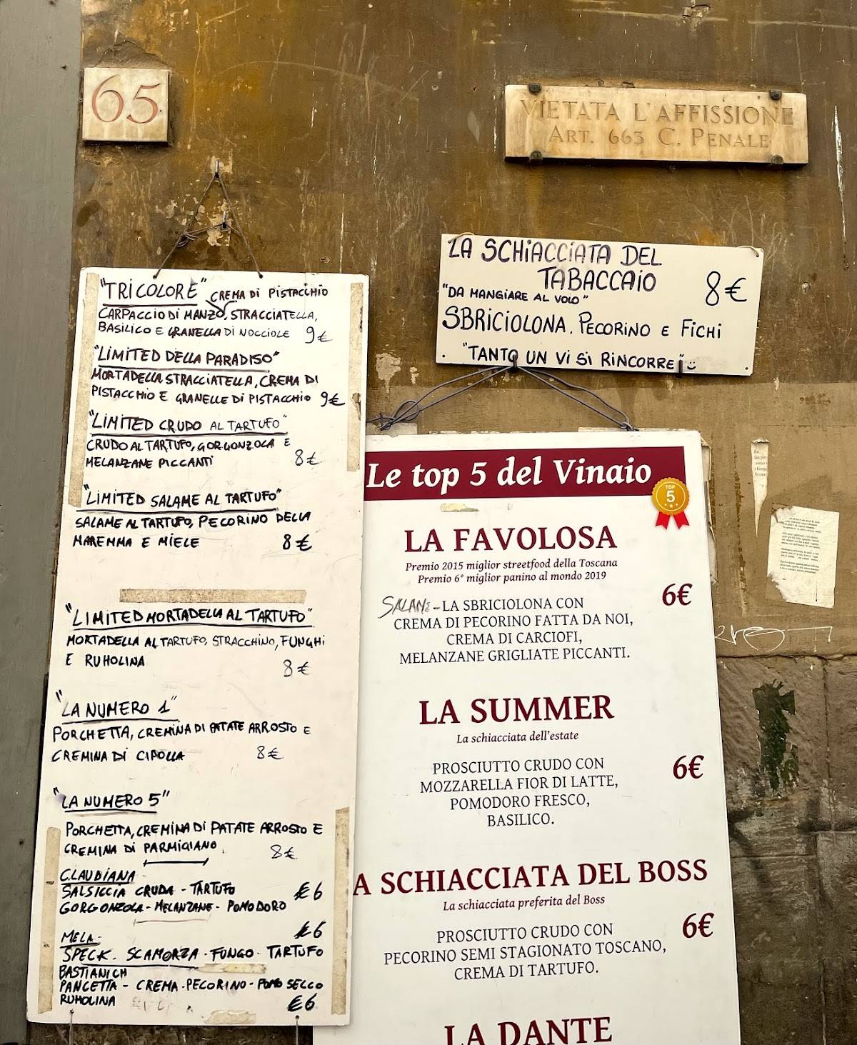 Menu at All’Antico Vinaio cafe, Florence