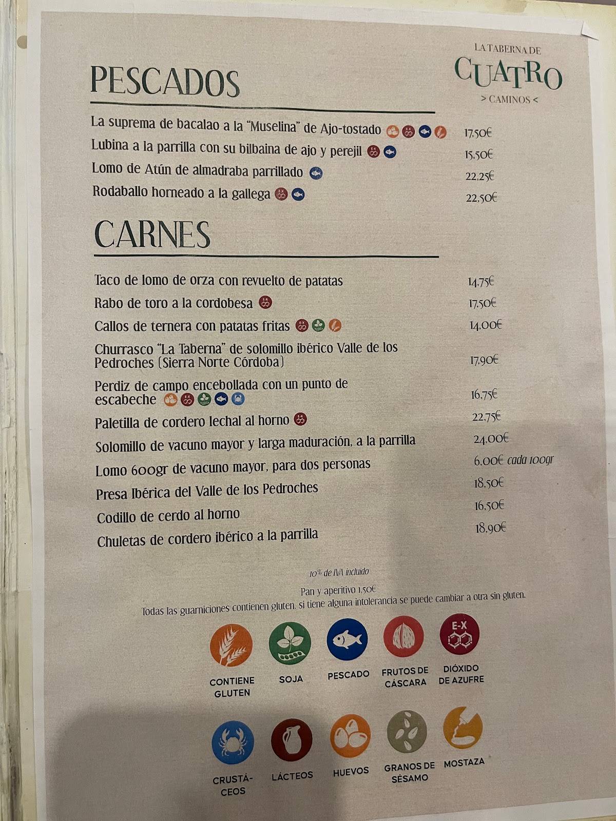 Carta del restaurante La Taberna del Cuatro Caminos, Almodóvar del Río ...