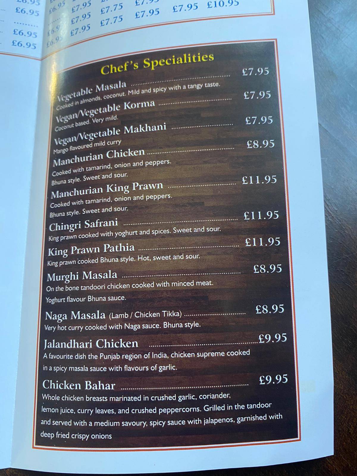 Menu at Amber Palace restaurant, Broadstairs