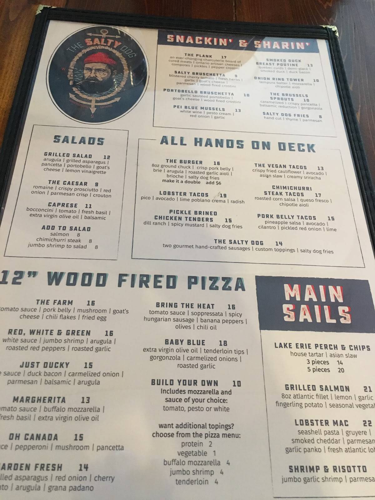 Menu at The Salty Dog pizzeria, Amherstburg