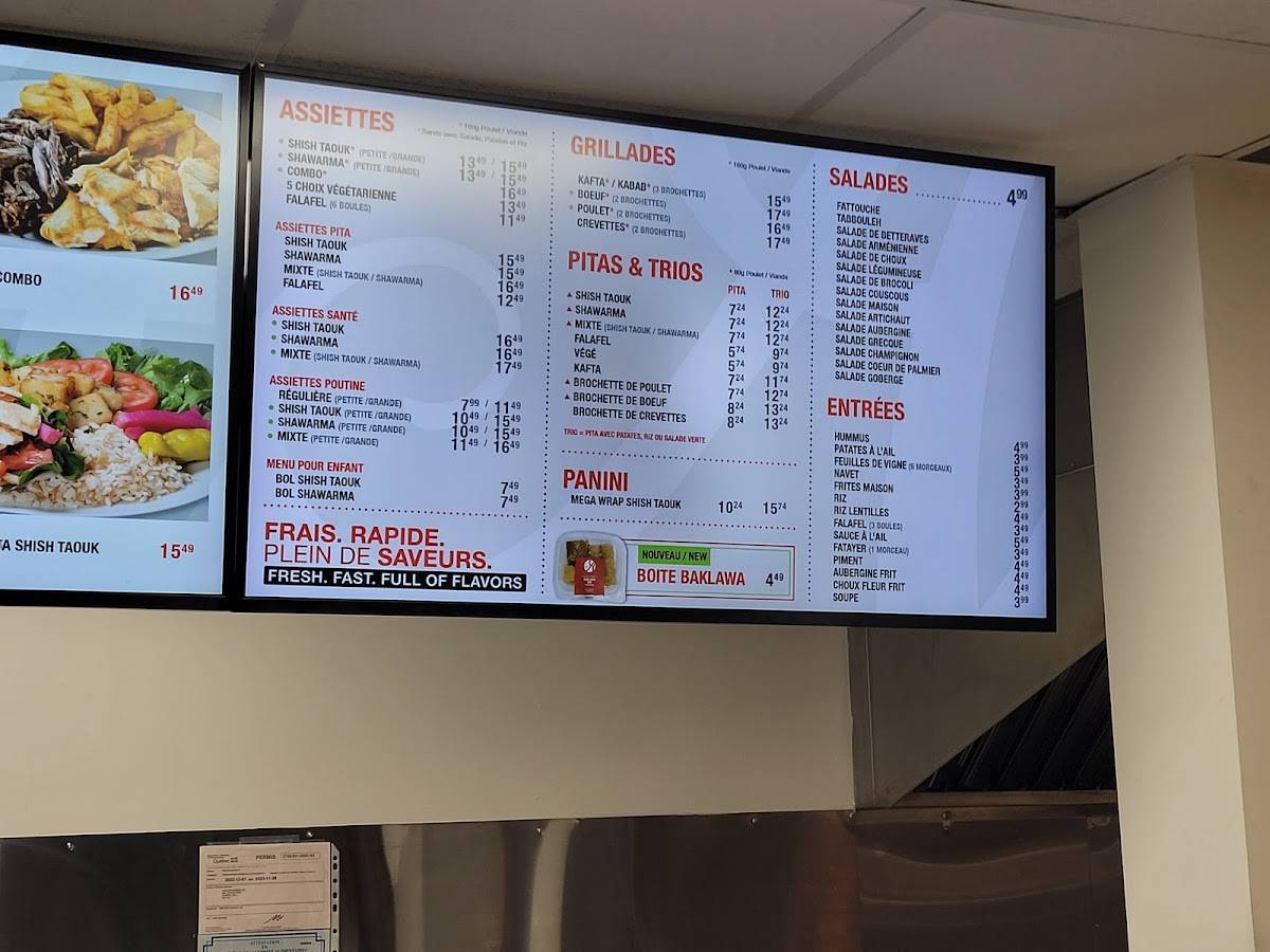 Menu at Amir restaurant, Québec City
