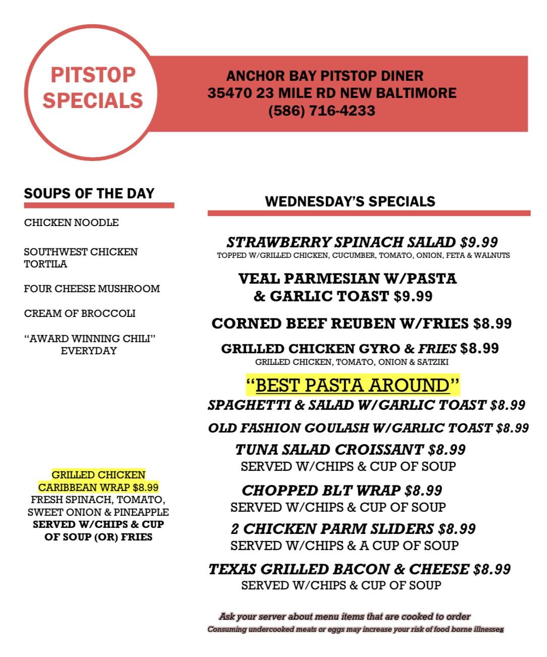 Menu at Anchor Bay Pit Stop Diner restaurant, New Baltimore