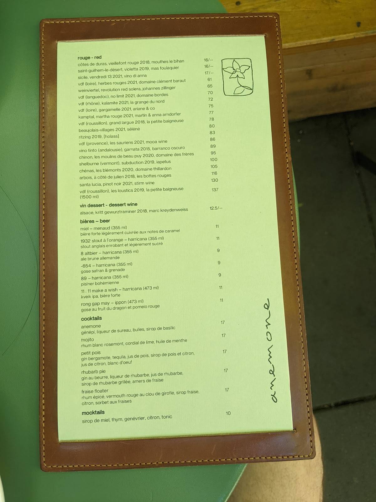 Menu au Anemone restaurant, Montréal