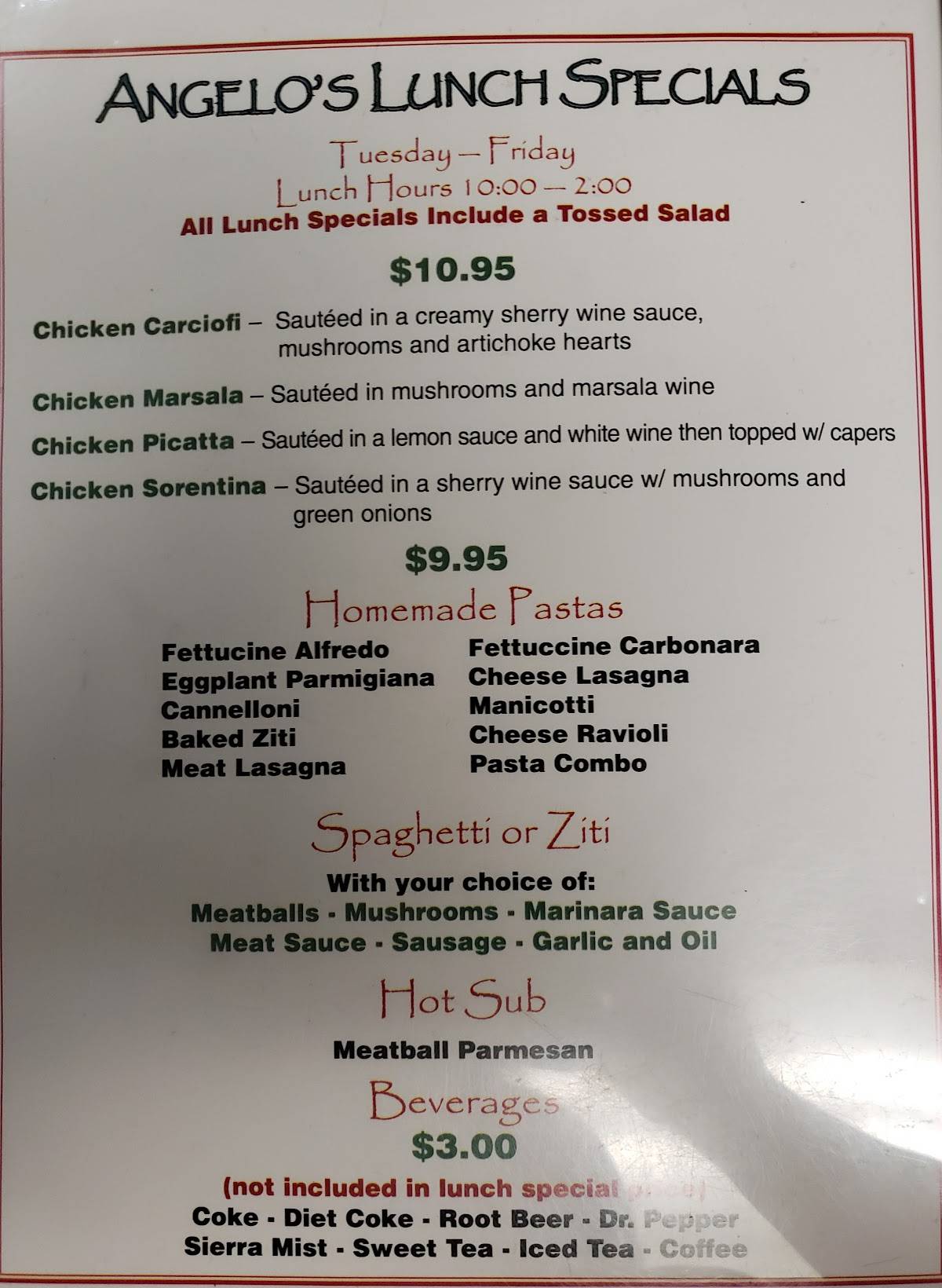 Menu at Angelo's Italian Restaurant, Winnsboro, 821 S Main St