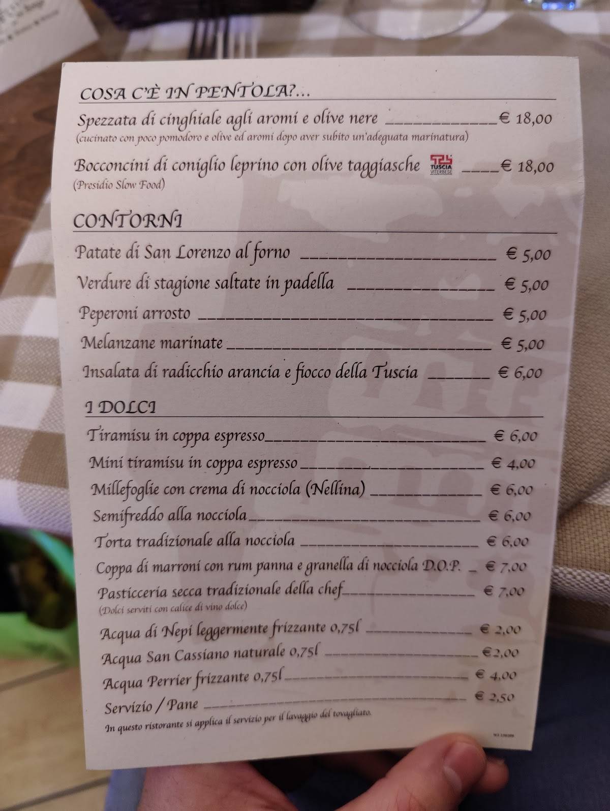 Menu da Antica Trattoria del Borgo ristorante, Caprarola