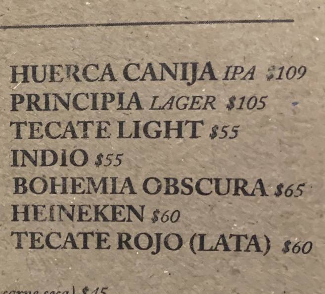 Carta del restaurante El Jonuco, Apodaca