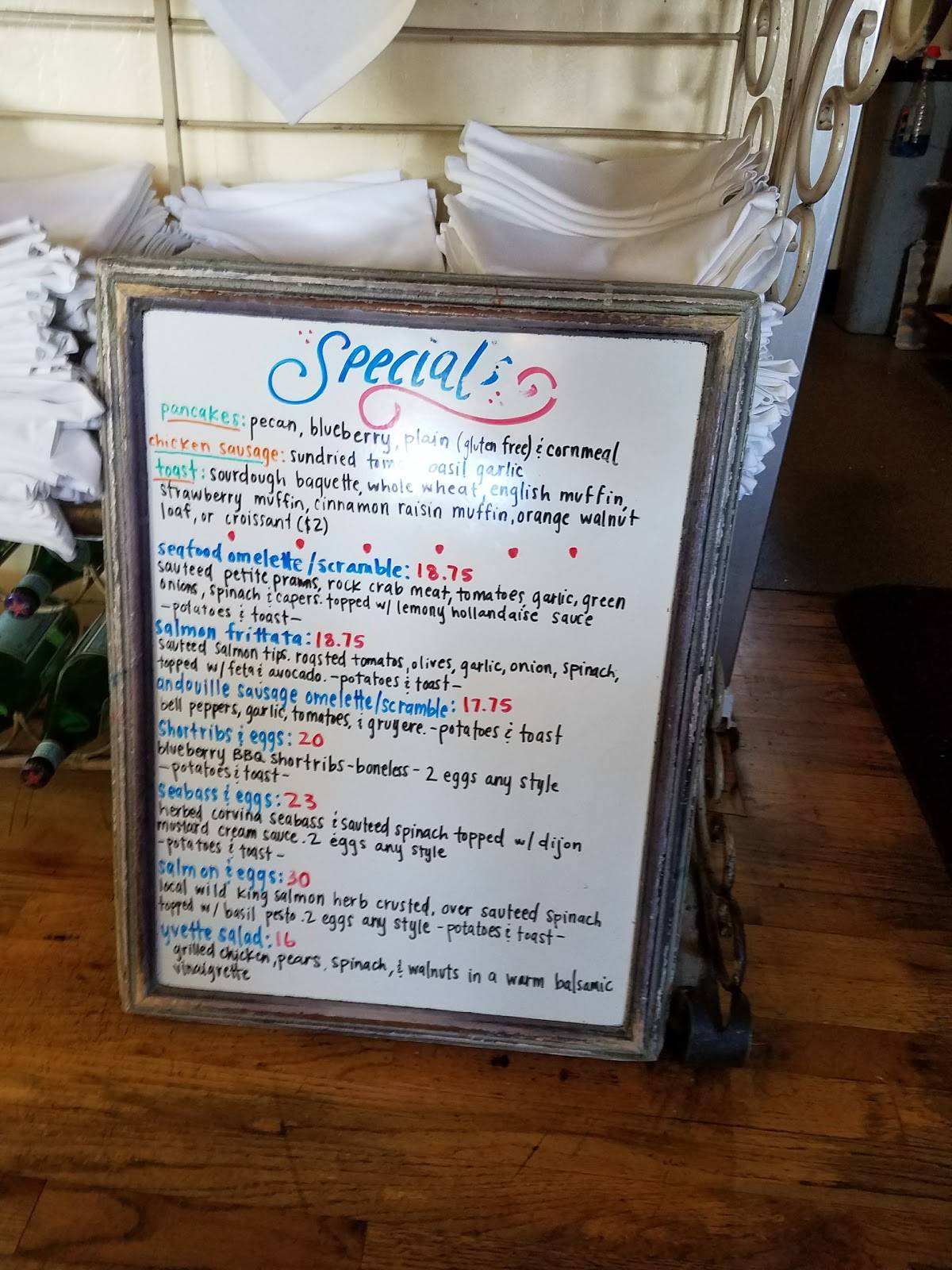 Menu at Café Sparrow restaurant, Aptos
