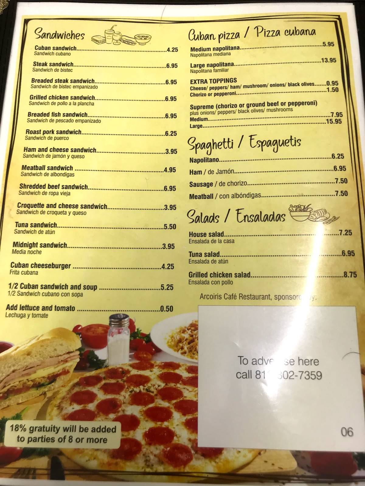 Menu at Arco Iris Cafe, Tampa, N Habana Ave