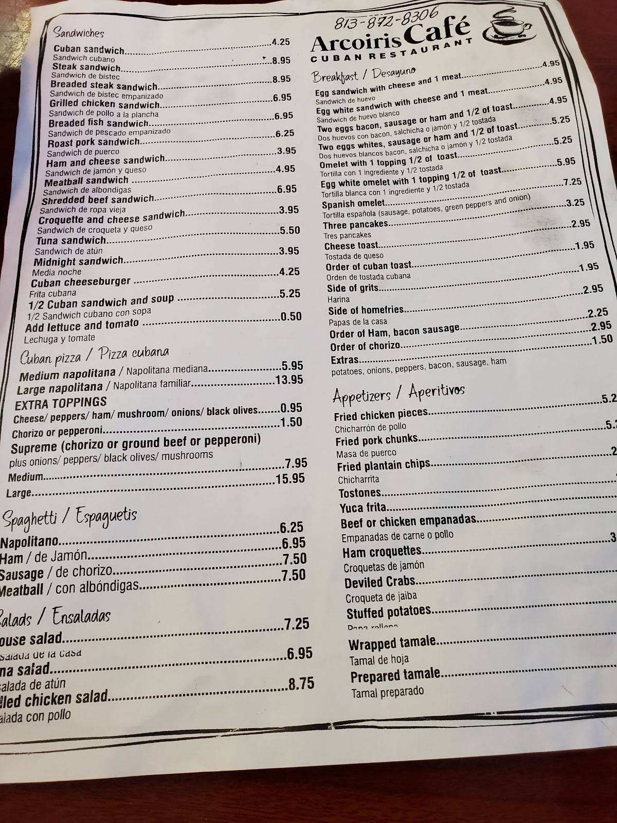 Menu at Arco Iris Cafe, Tampa, N Habana Ave