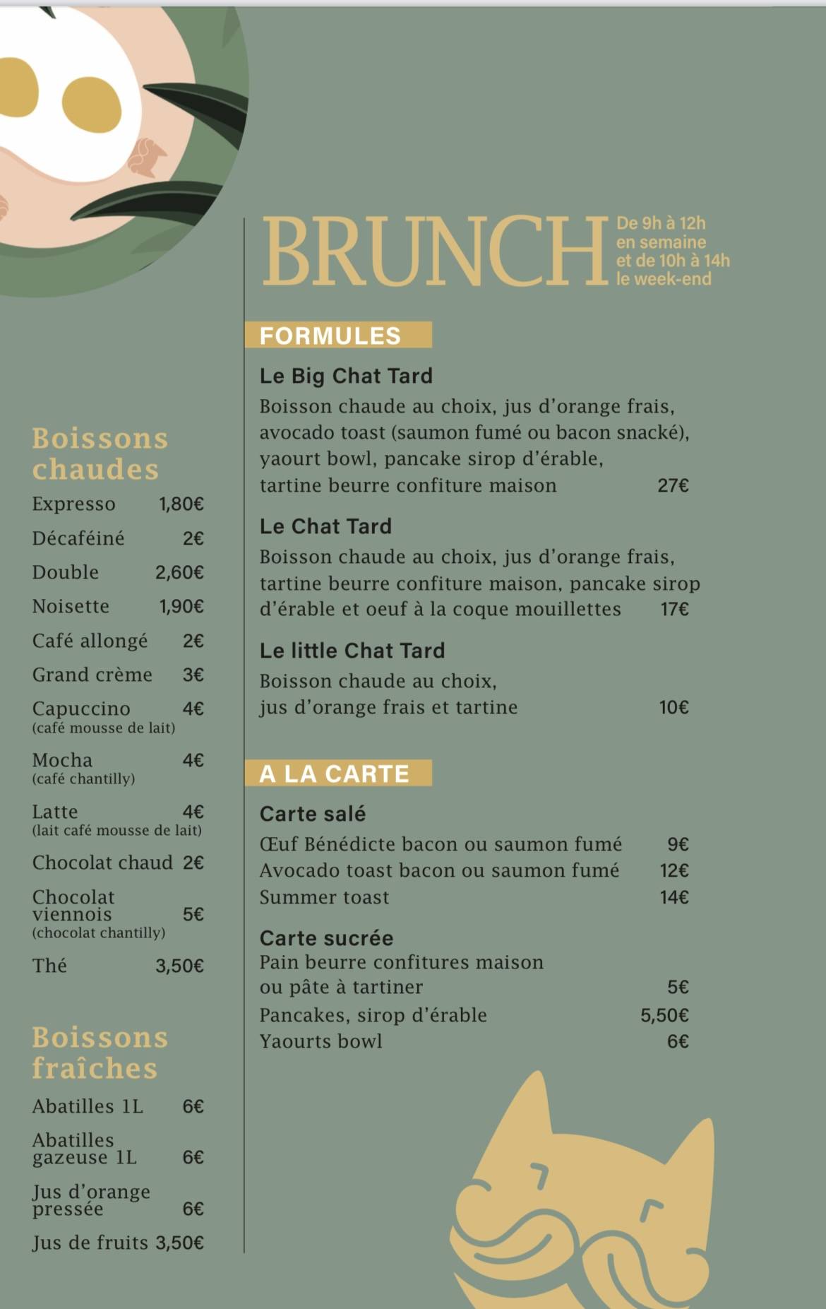 Carta del restaurante le chat tard, Arès
