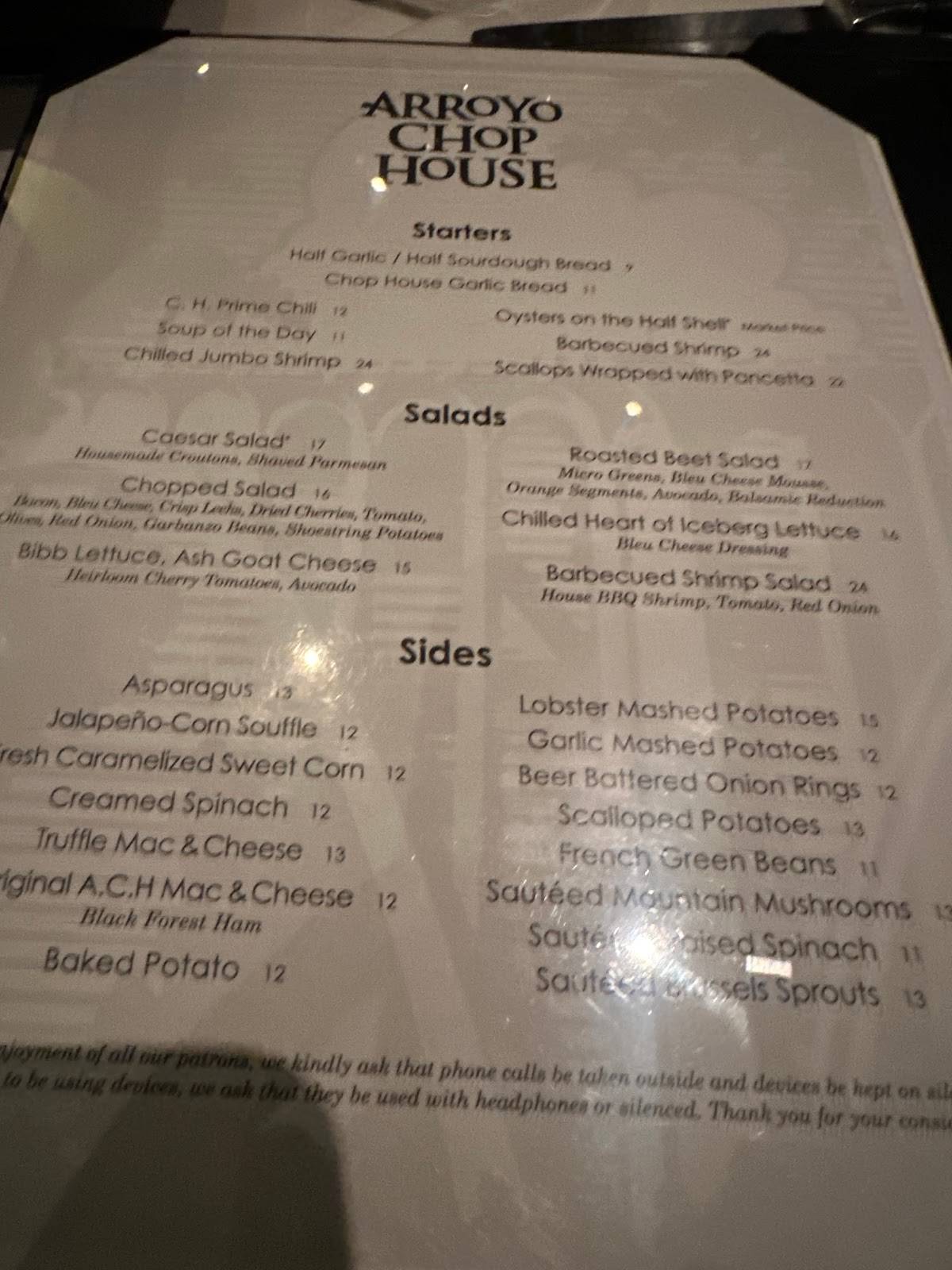 Menu at Arroyo Chop House pub & bar, Pasadena