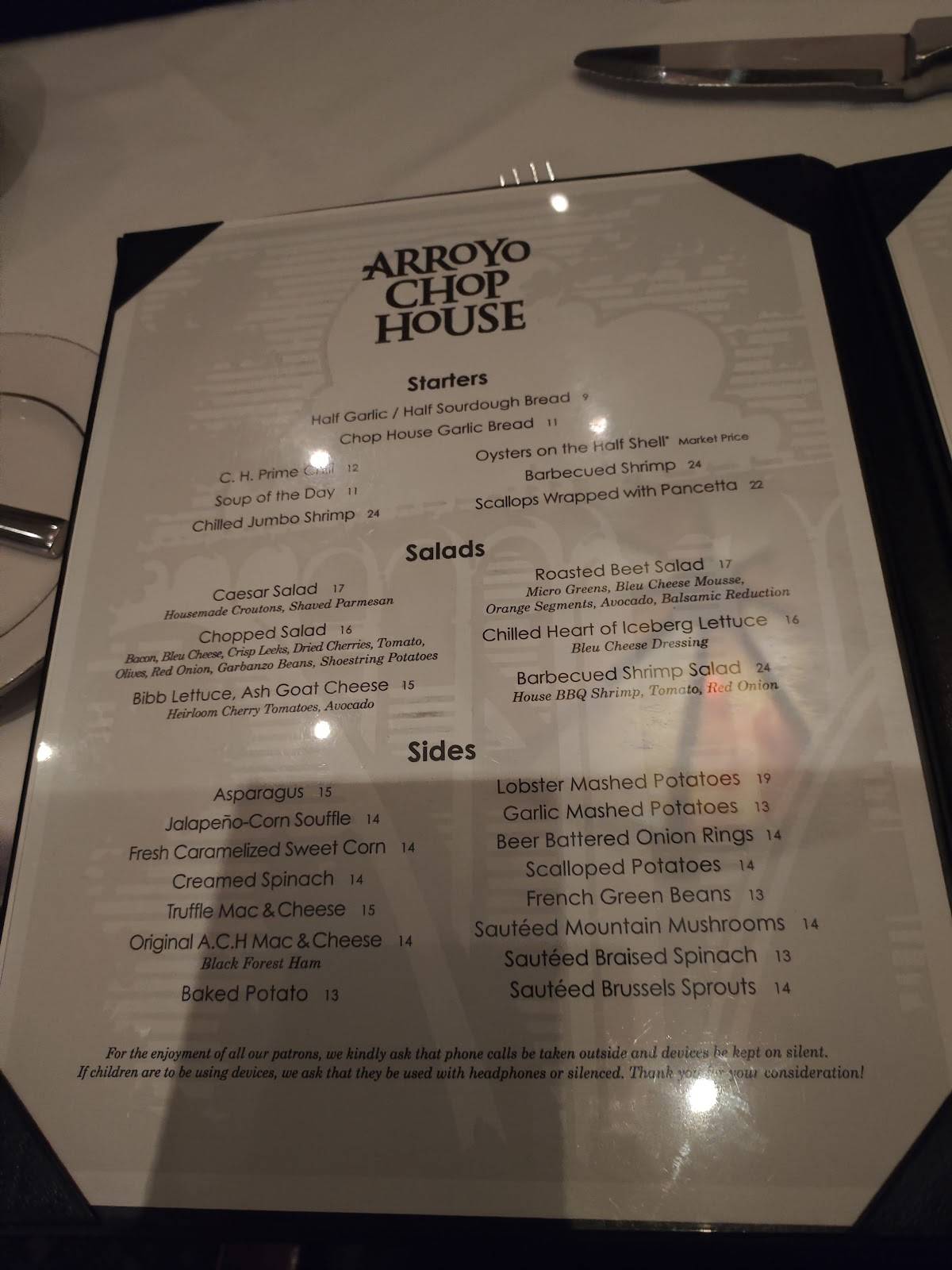 Menu at Arroyo Chop House pub & bar, Pasadena
