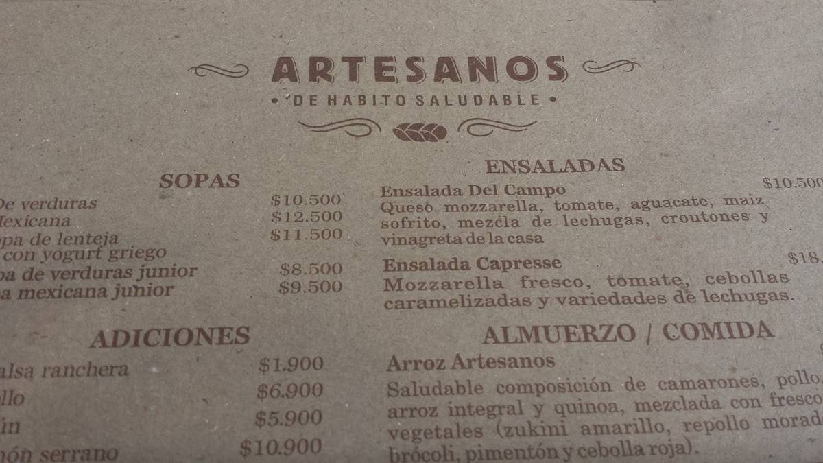 Carta del restaurante Artesanos, Bogotá, Ac. 85 #18-17