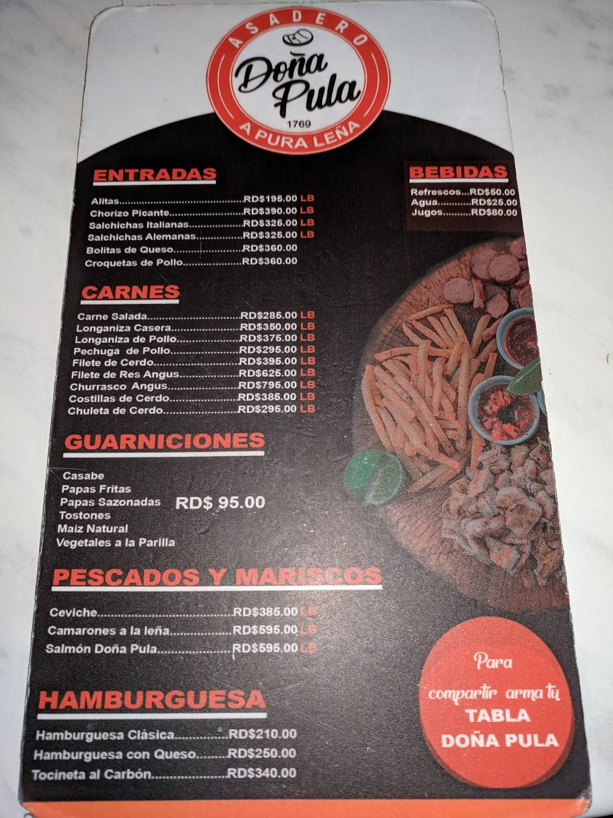 Menu at Asadero Doña Pula restaurant, Santiago De Los Caballeros, F862+FH2