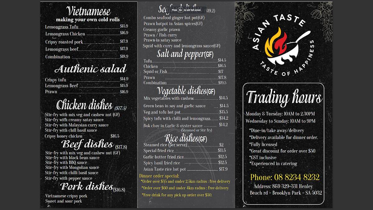 Menu at Asian Taste Vietnamese cuisine restaurant, Brooklyn Park