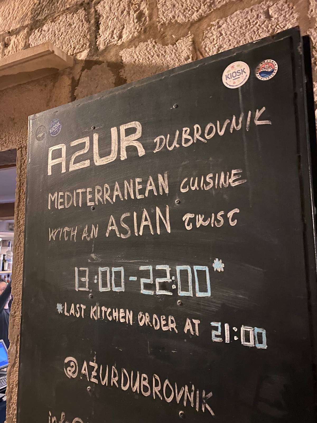 Menu at Azur restaurant, Dubrovnik