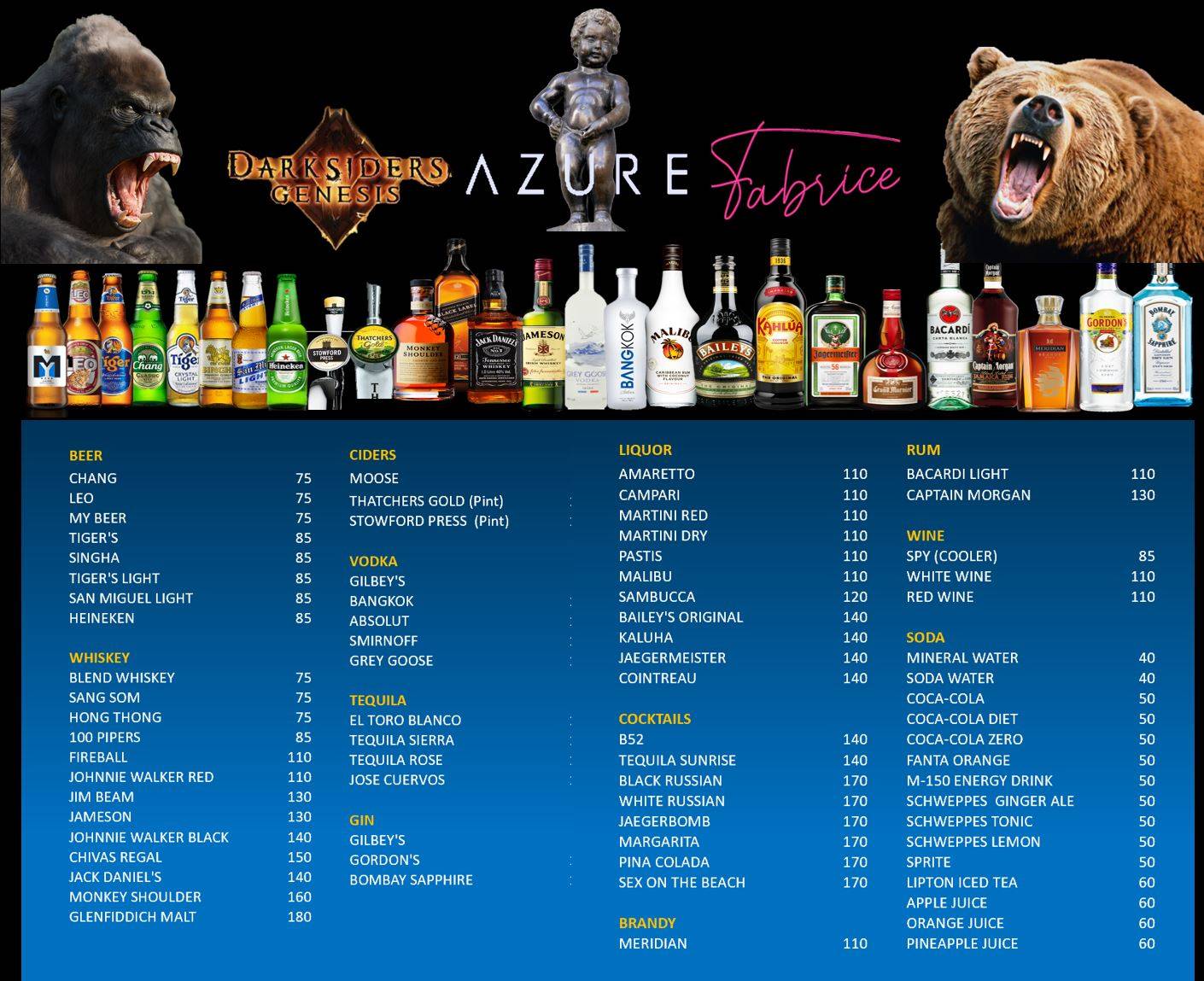 Menu at Azure pub & bar, Pattaya City
