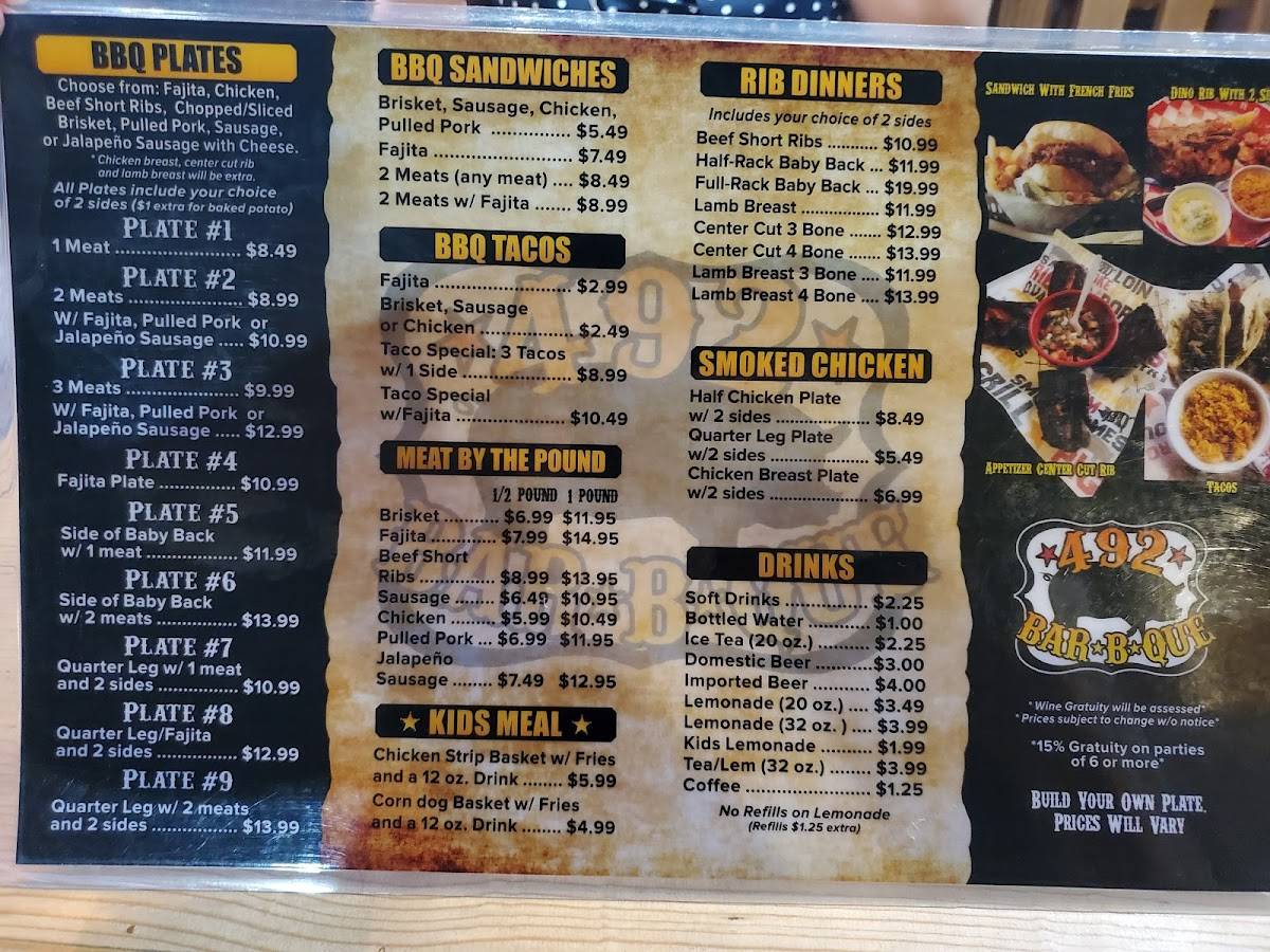 Menu at 492 BBQ, Mission, FM492