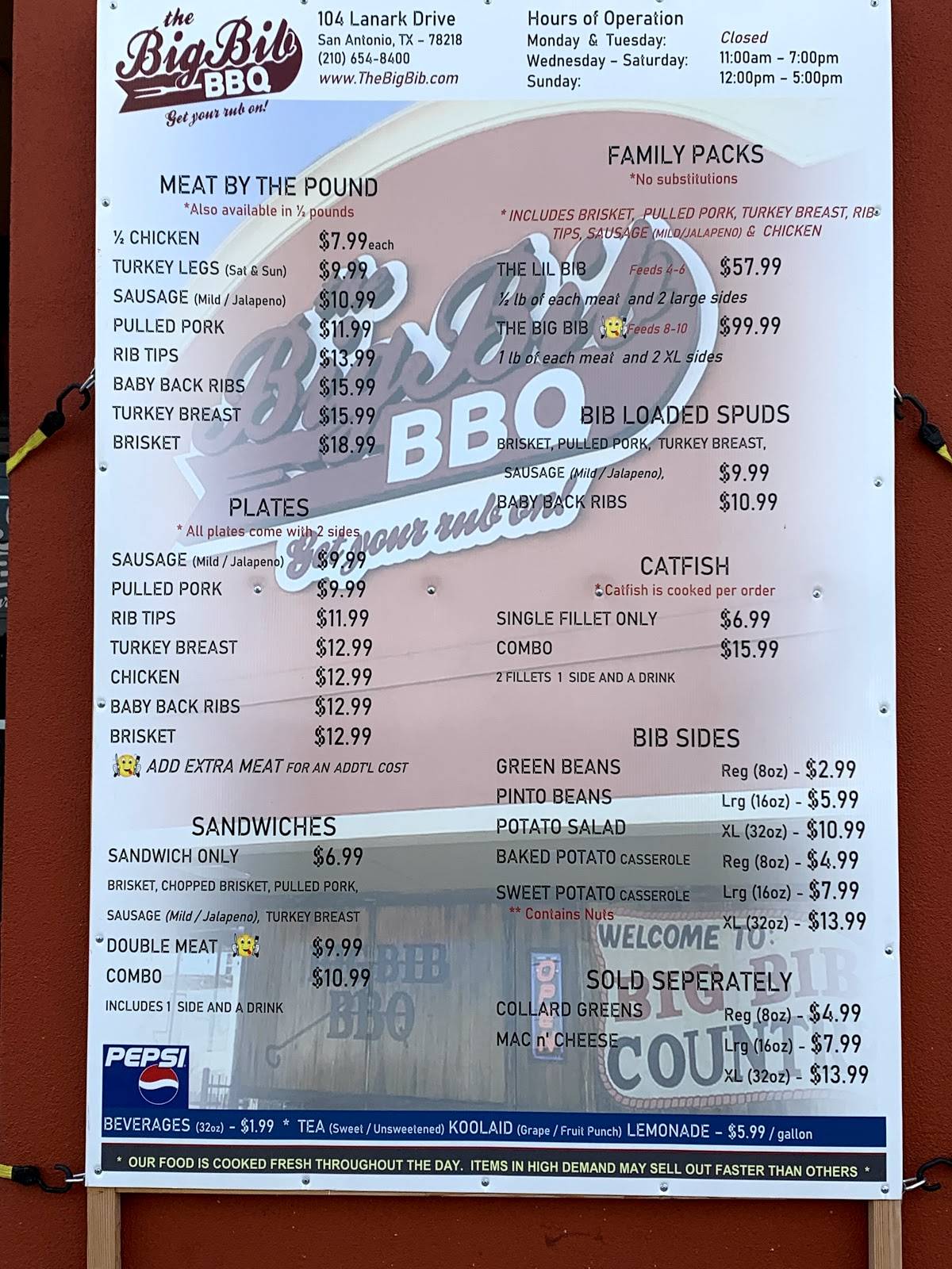 Menu at The Big Bib BBQ, San Antonio, 104 Lanark Dr