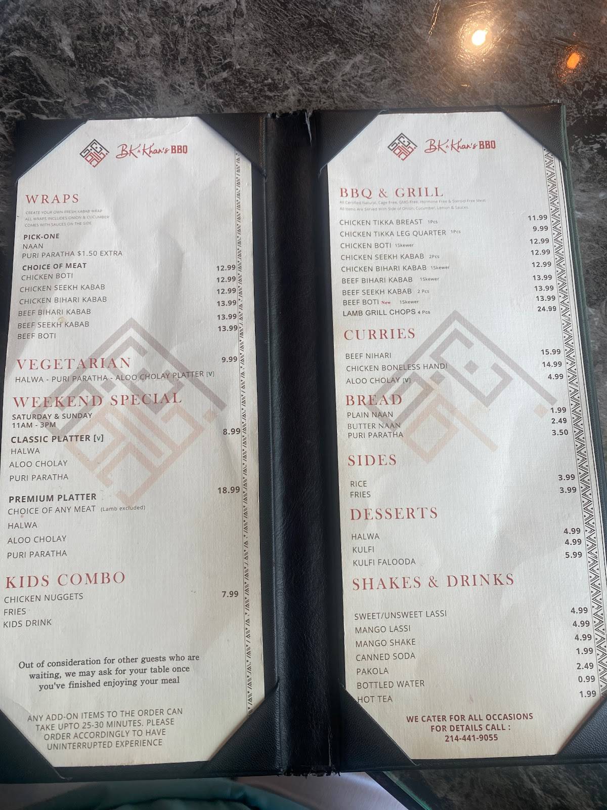 Menu at BK Khan BBQ, Farmers Branch