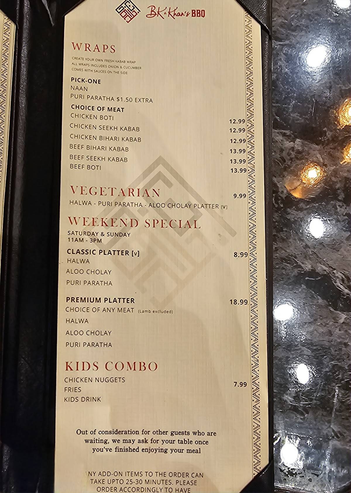 Menu at BK Khan BBQ, Farmers Branch