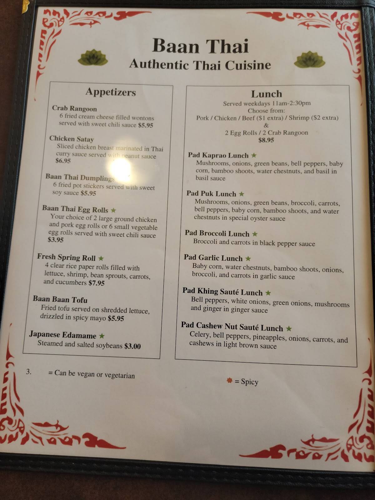 Menu at Baan Thai restaurant, Box Elder