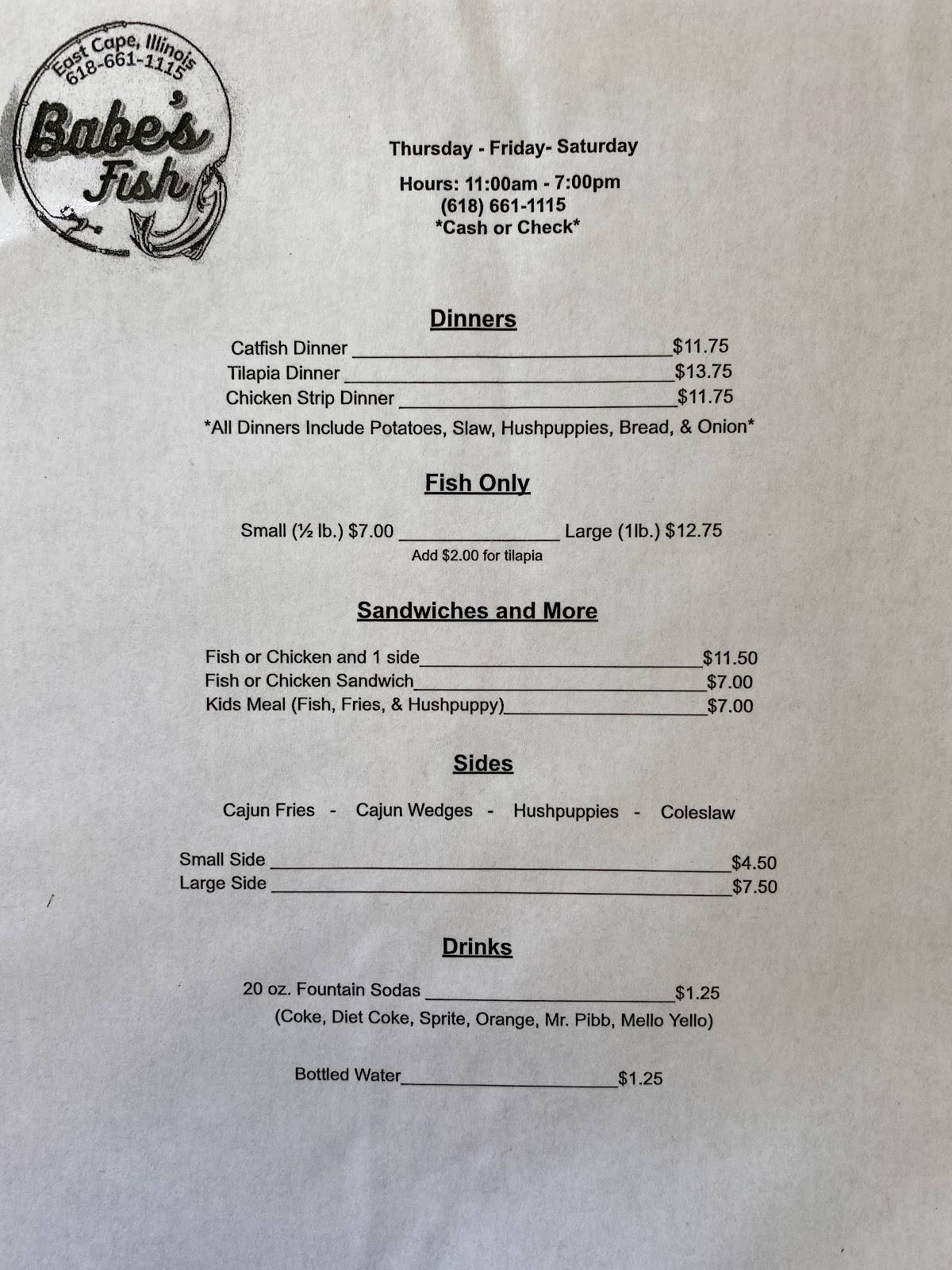 Menu at Babe's Fish Wagon restaurant, East Cape Girardeau, Virginia Dr
